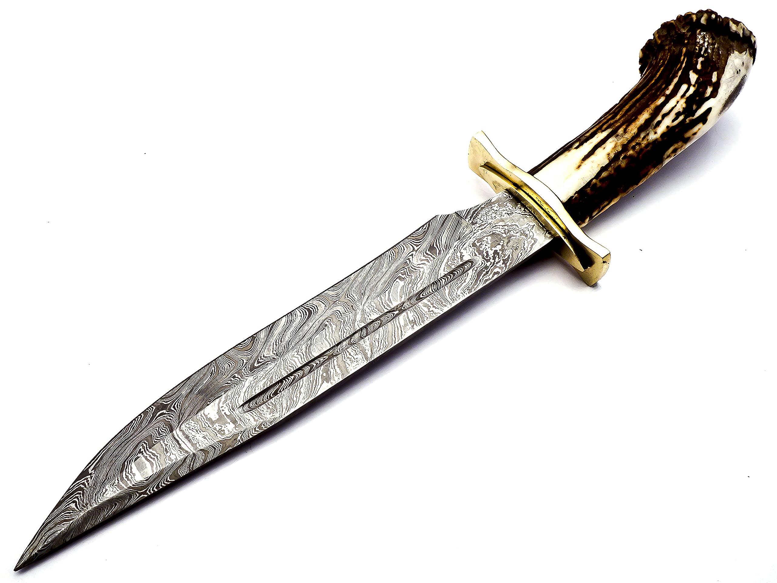 Skokie Knives Damascus Steel Bowie Knife Bull Horn Handle with & Brass Guard β16β Handmade Premium Quality Sharp Edge Fix Blade -Genuine Multipurpose Knife Ideal for Hunting, Camping (Stage B)
