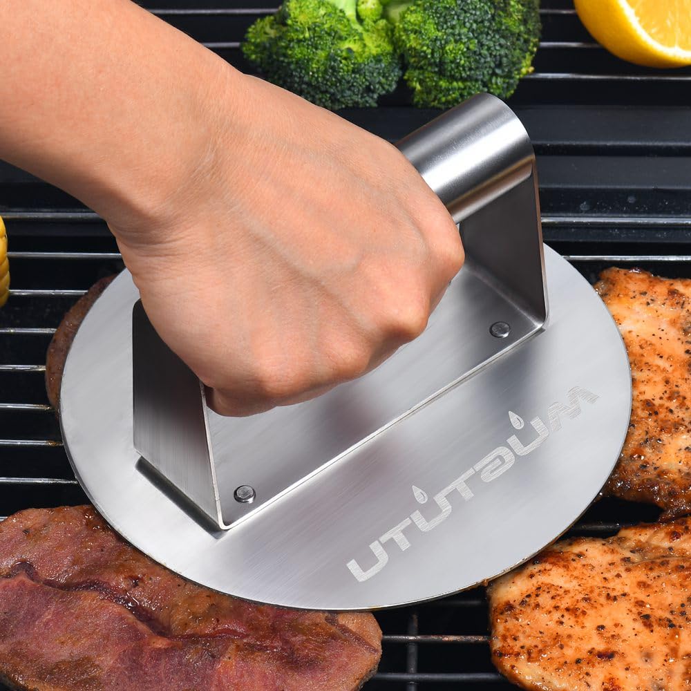 MUGTUTU Stainless Steel Burger Press, 6.3 Inch Smash Burger Press, Non-Stick Smooth Hamburger Press, Bacon Press, Grill Press Perfect for Flat Top Griddle Grill Cooking (6.3IN Flat)