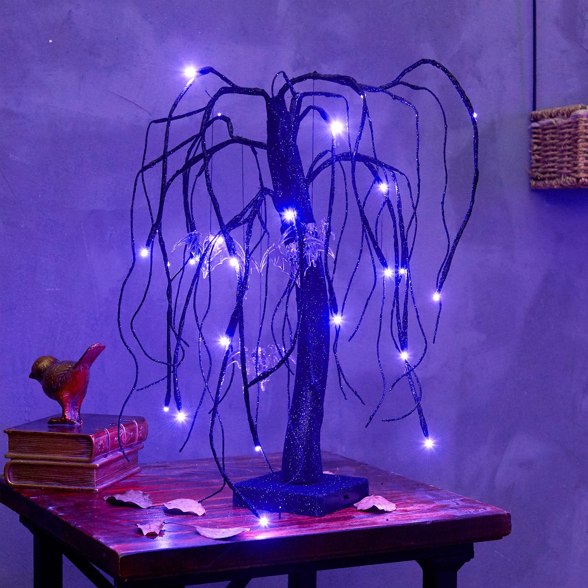 SAND MINE 24 LED Willow Tree Light with 6 Hanging Bats, Battery Operated Lighted Tree, Indoor Home Tabletop Tree Light Halloween Decorations, 18 Inch