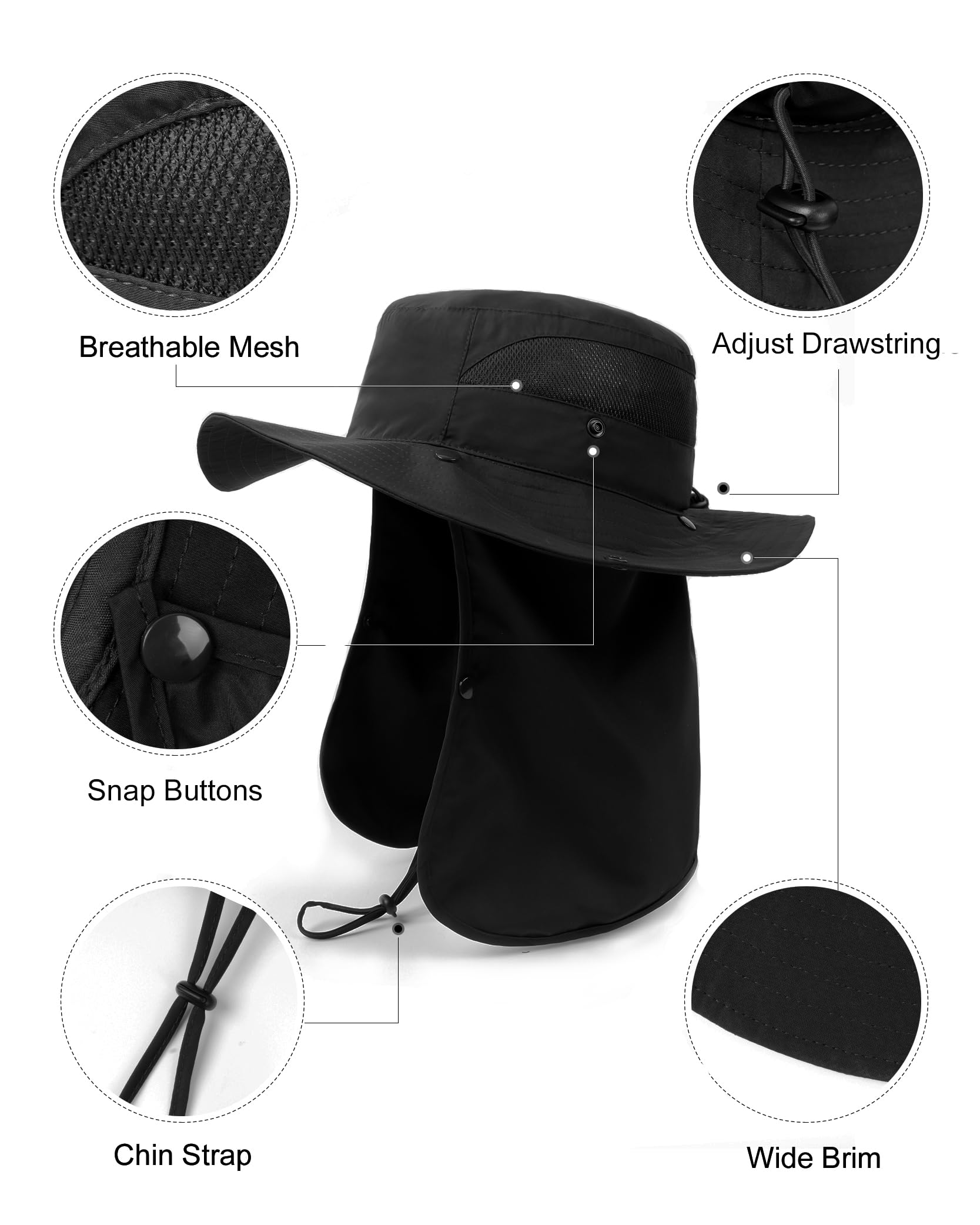 Zylioo 2XL Oversized UPF50+ Summer Boonie Hats with Face Cover,Adjustable Fishing Sun Hat with Neck Flap for Big Heads