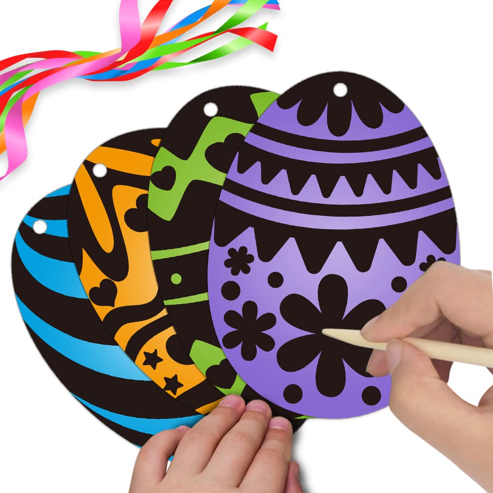 YOKSAS 8 Pcs Easter Eggs Rainbow Scratch Paper Art Set,Easter Crafts for Kids Ornaments Decorations