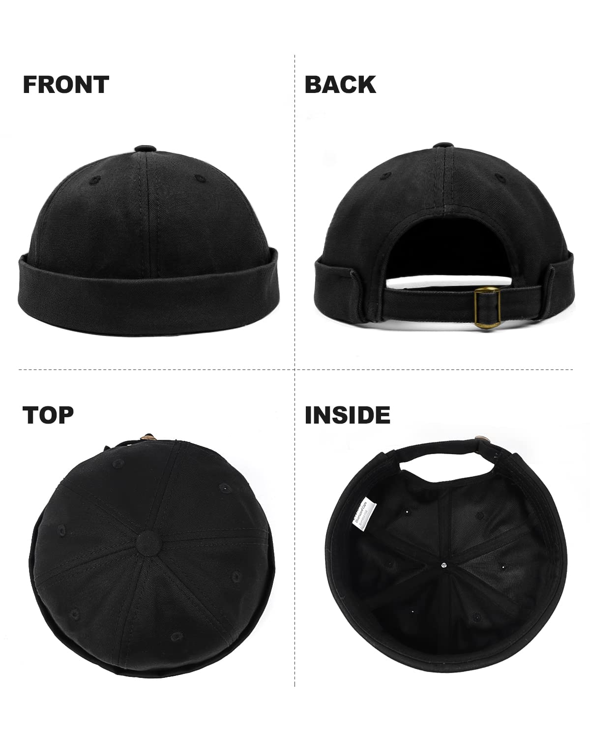 Zylioo Oversize XXL Brimless Harbour Hat,Adjustable Docker Cap for Big Heads,No Brim Ball Cap for Men and Women Black
