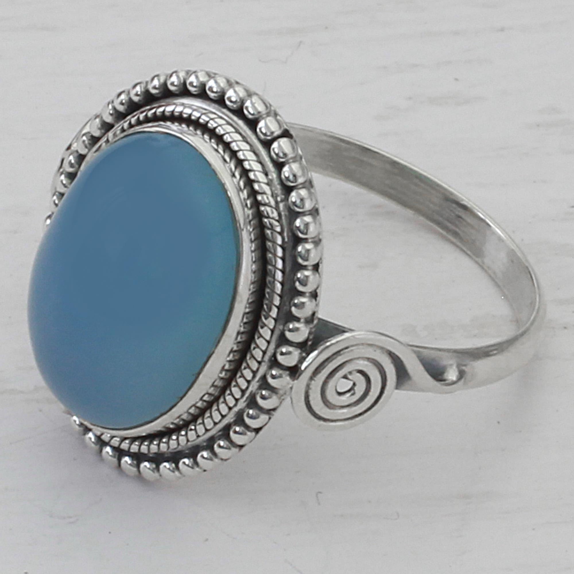 NOVICA Artisan Handmade Chalcedony Cocktail Ring Blue .925 Sterling Silver from India 'Sky Reverie'