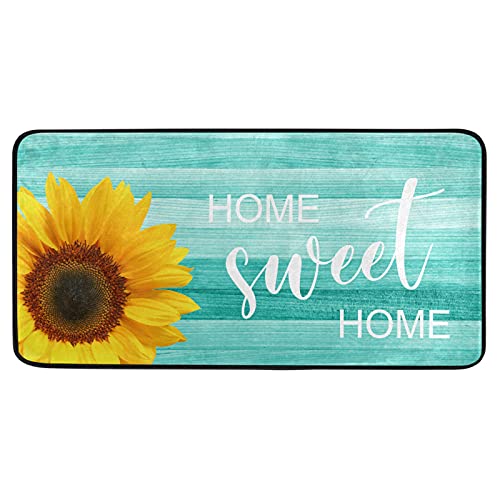 Teal Turquoise Green Wooden Sunflowers Kitchen Rugs Non Slip Home Sweet Home Kitchen Mats Bath Rug livingroom Doormats for Home Decor, Washable, 39 x 20 Inch
