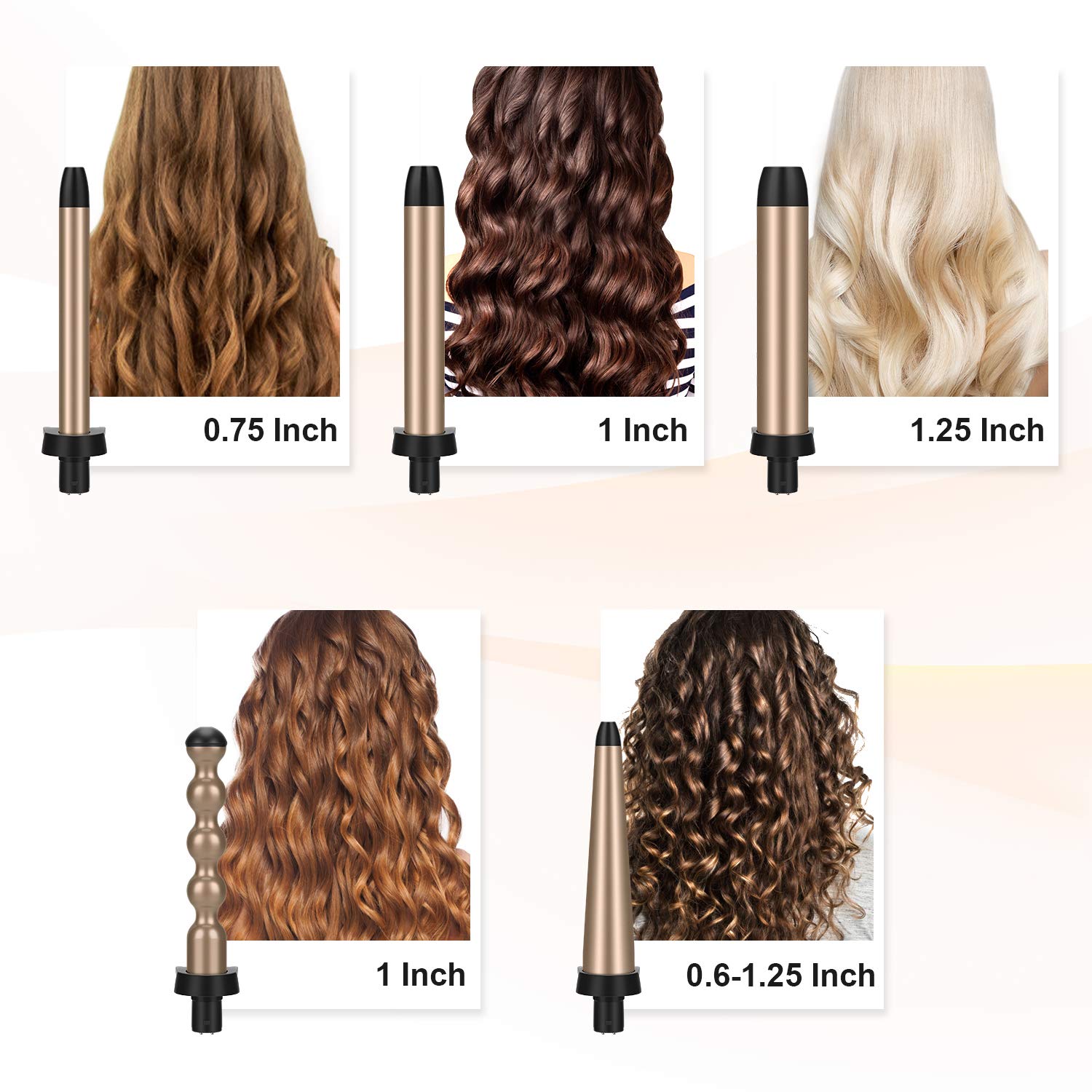 Prizm 5 in 1 clampless Interchange Curling Iron Wand Set, LED Display, 11 Temp Settings, 0.6 to 1.25 Inch Tourmaline Ceramic Barrels, Hair Curler for Wavy/Bang/Ringlet/Spiral with Heat Resistant Glove