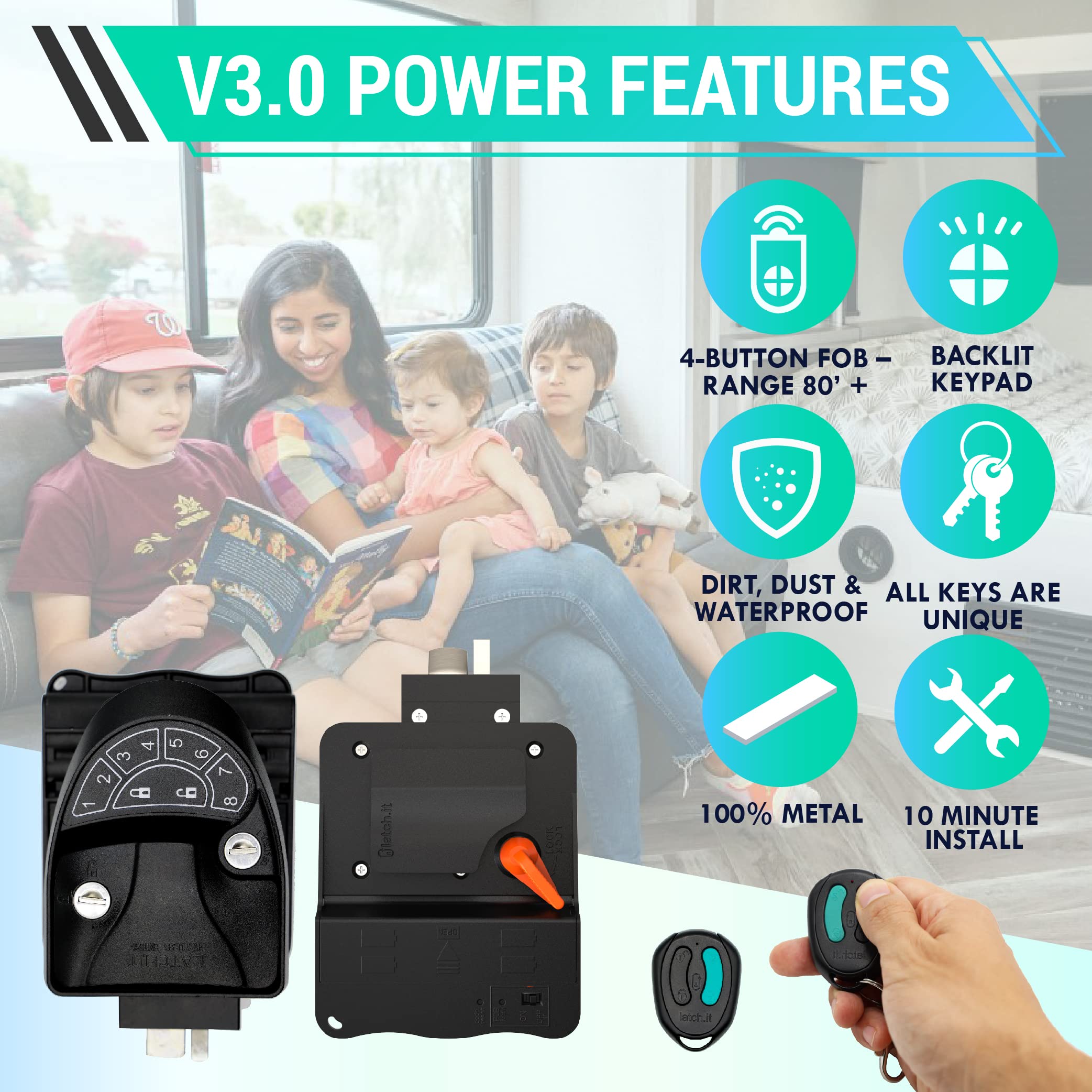 RV Keyless Entry Door Lock | LATCH.IT RV Door Lock Keyless Entry | All Metal Keyless RV Door Lock | Keyless Locks w/ 2 Fobs | Sealed Electricals Unlike Competition! | Only Fits 2.75" x 3.75" Lock Hole