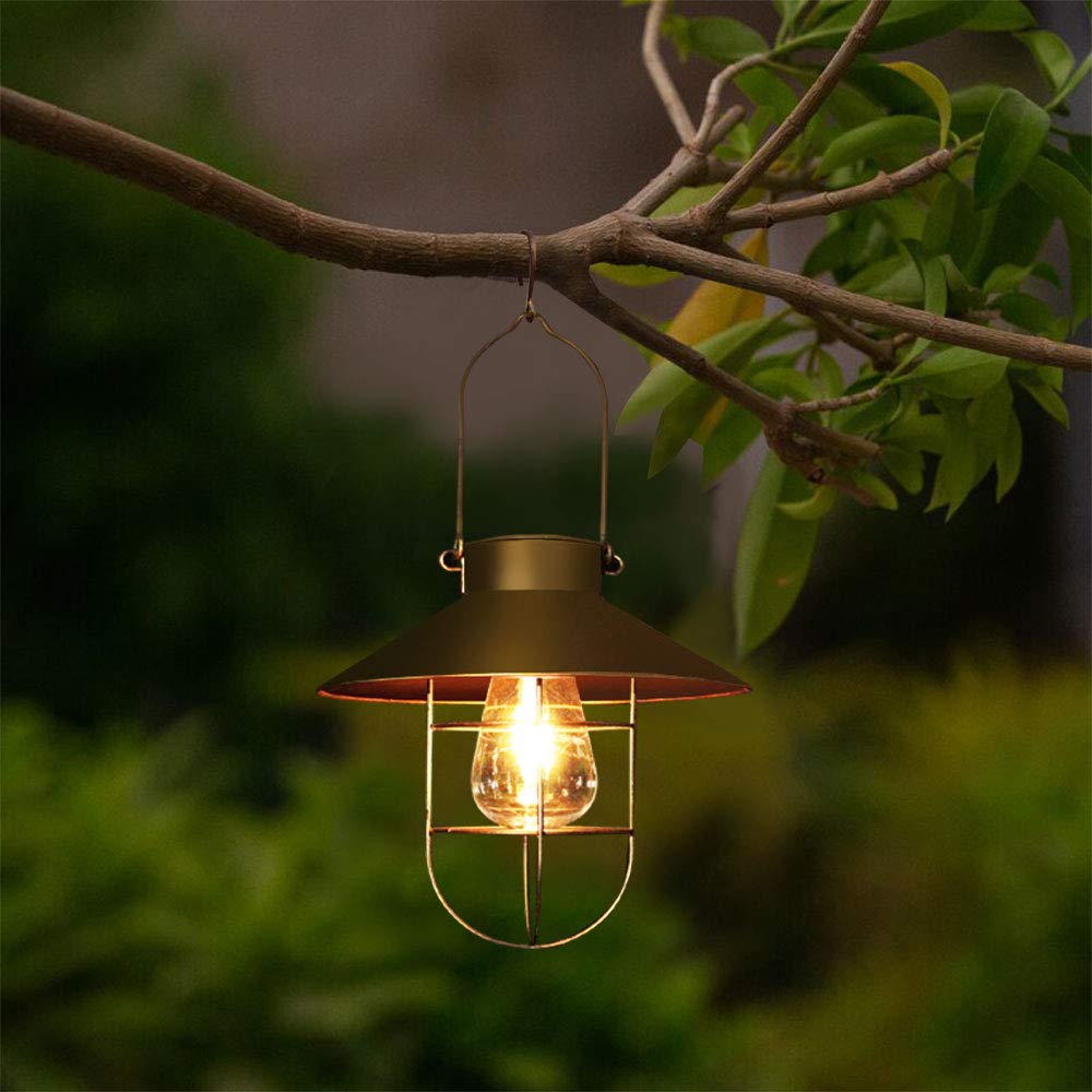 Retro Metal Solar Lanterns Outdoor Hanging Warm White Solar Garden Lights with Shepherd Hook, Greenke Waterproof Retro Pendant lamp for Pathway Patio Yard Decor (Large/ Copper)