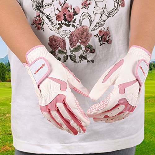 wosofe Golf Gloves Women Both Hands Pair Synthetic PU Soft Silica Gel Non-Slip Ventilation Comfortable Pink Close Fit Fashion (Medium)