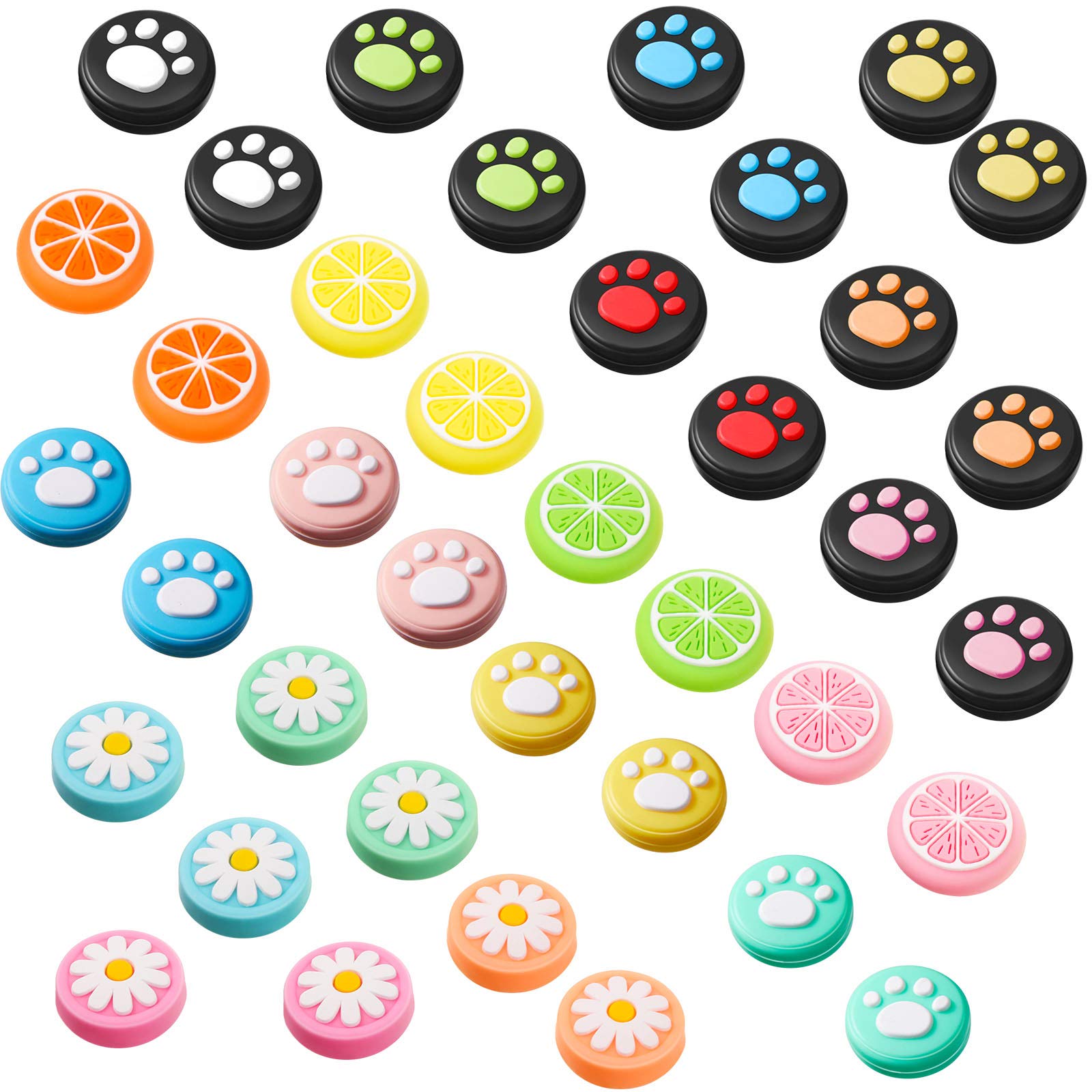Skylety 38 Pieces Replacement Thumb Grips Silicone Joystick Button Covers Analog Stick Covers Cute Paw Lemon Flower Design Compatible with Nintendo Switch, Switch Lite Joy-Con Controller