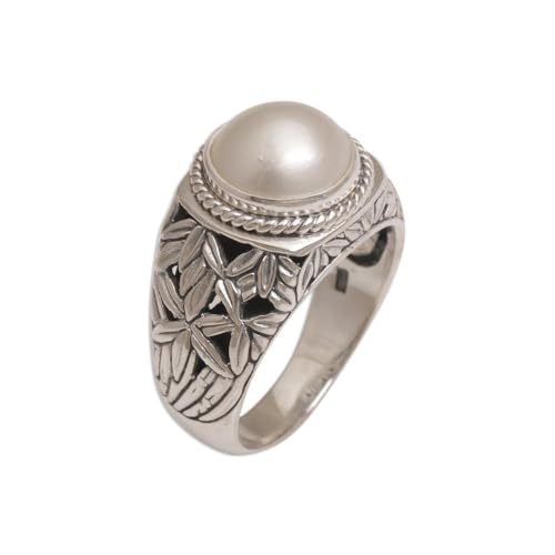 NOVICA Artisan Handmade .925 Sterling Silver Cultured Freshwater Pearl Domed Ring Single Stone White Cocktail Indonesia Leaf Tree Birthstone 'Bamboo Dreams'