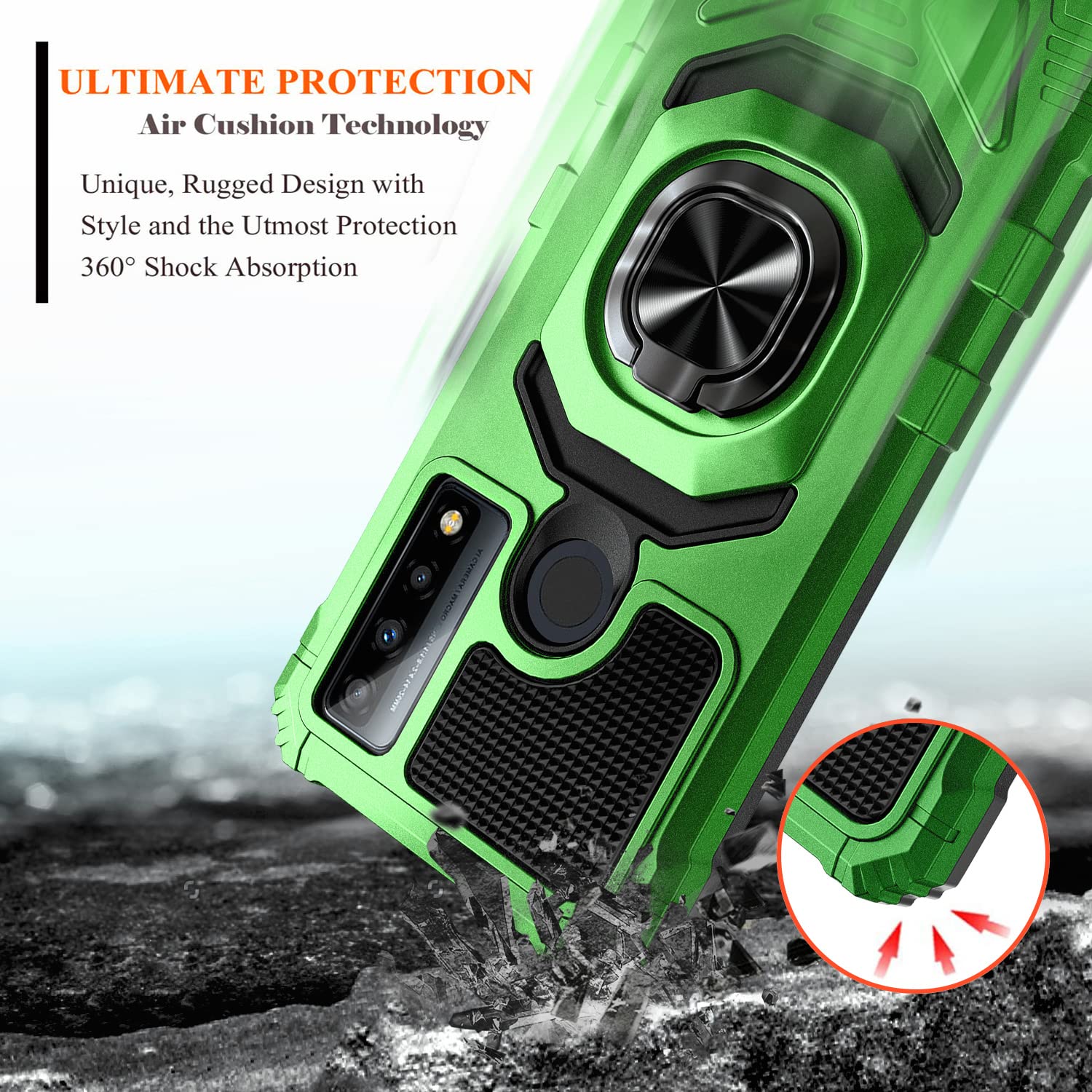 NZND Case for TCL 20 XE with Tempered Glass Screen Protector (Maximum Coverage), Full-Body Protective [Military-Grade], Magnetic Car Ring Holder, Heavy-Duty Cover Case (Green)