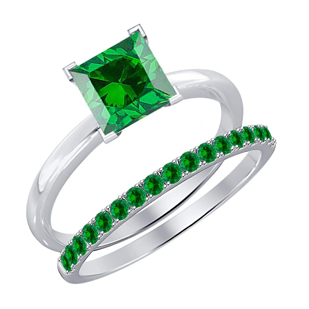 Solitaire 3.65 cttw Princess Cut Green Emerald Wedding Band Engagement Bridal Ring Set for Women 14k White Gold Over .925 Sterling Silver