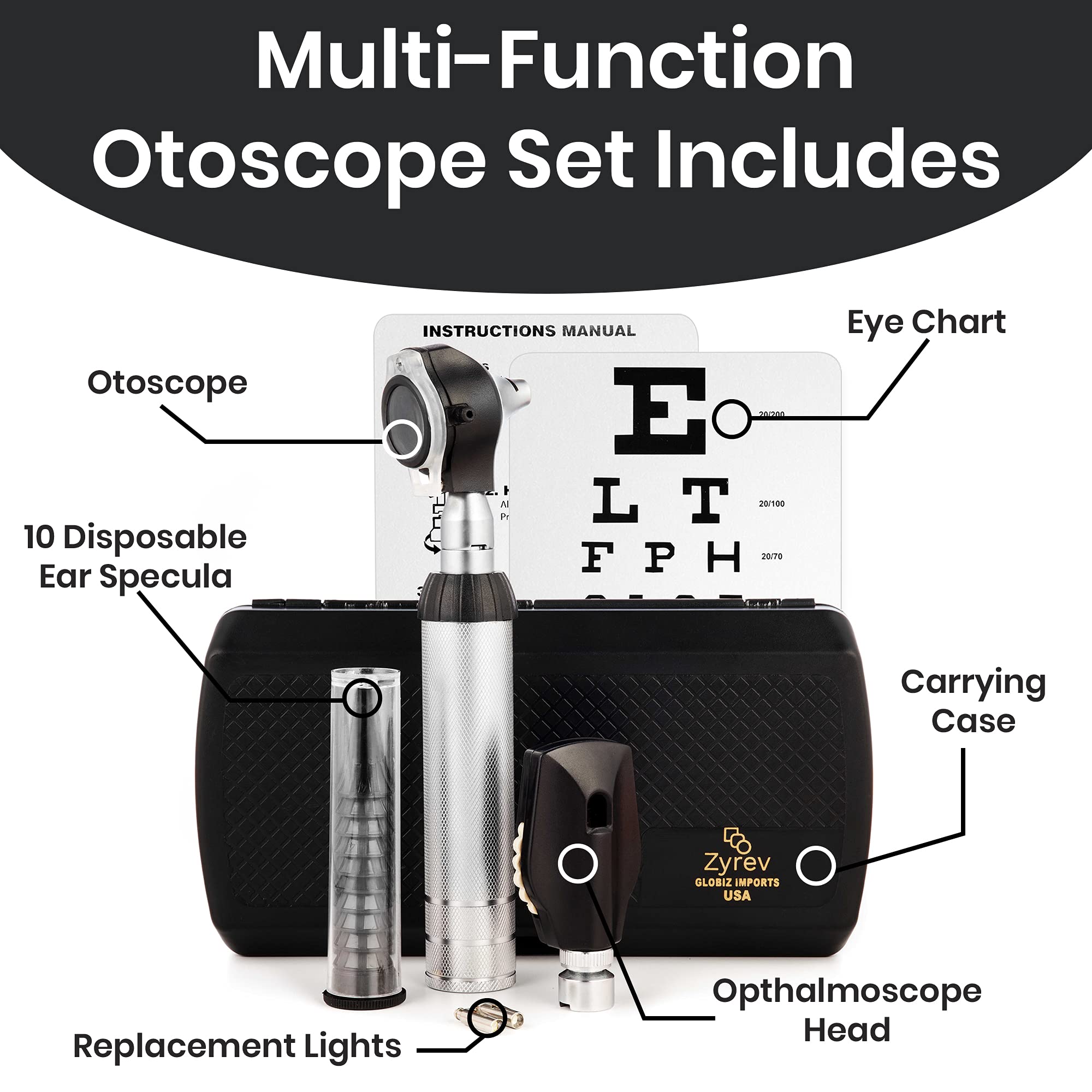 Zyrev Multi-Function Otoscope/Oph. Set with 50 Extra Disposable Tips, Black