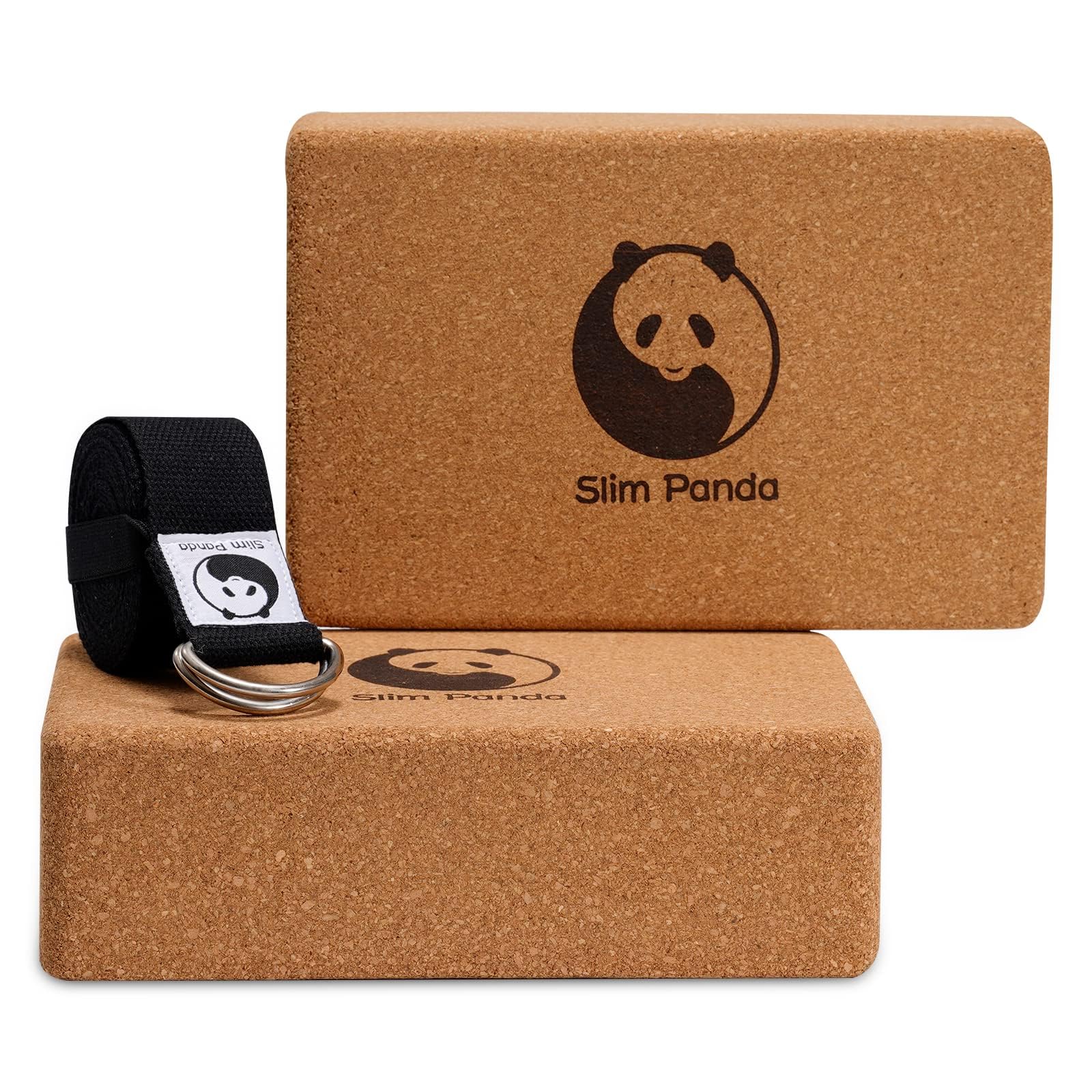 Slim Panda Cork Yoga Blocks 2 Pack, High Density, Natural, Lightweight, Non-slip, Eco-Friendly, with Strap, 9'x6'x3'