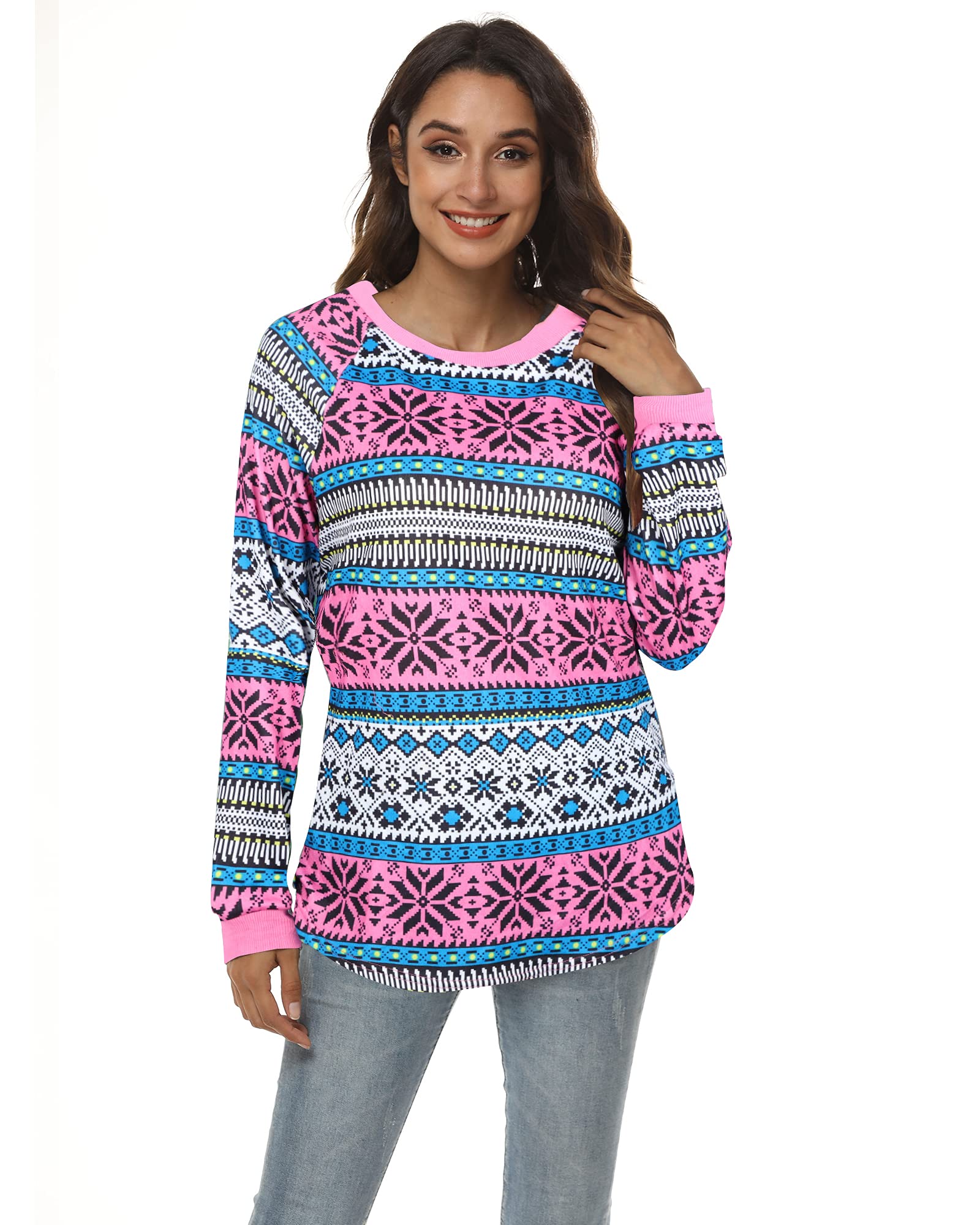 UNIQUEONE Christmas Sweatshirts For Women Xmas Snowflake Shirts Raglan Sleeve Blouse Loose Knitted Pullover Tops Pink