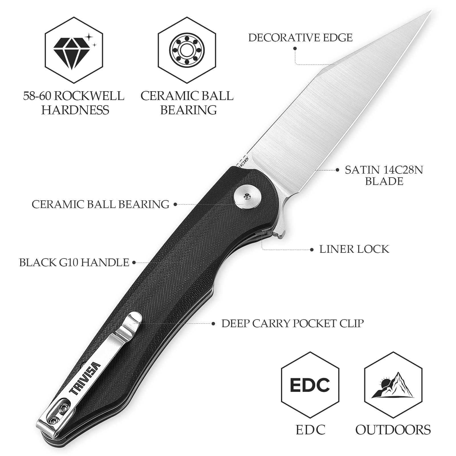 TRIVISA Folding Knife with Flipper Opening For Outdoor,Pocket Clip G10 Handle EDC Hunting Folded Knives for Men,3.7" Sandvik 14C28N Blade,Ball Bearings Pivot,Lynx-03 with Gift Box