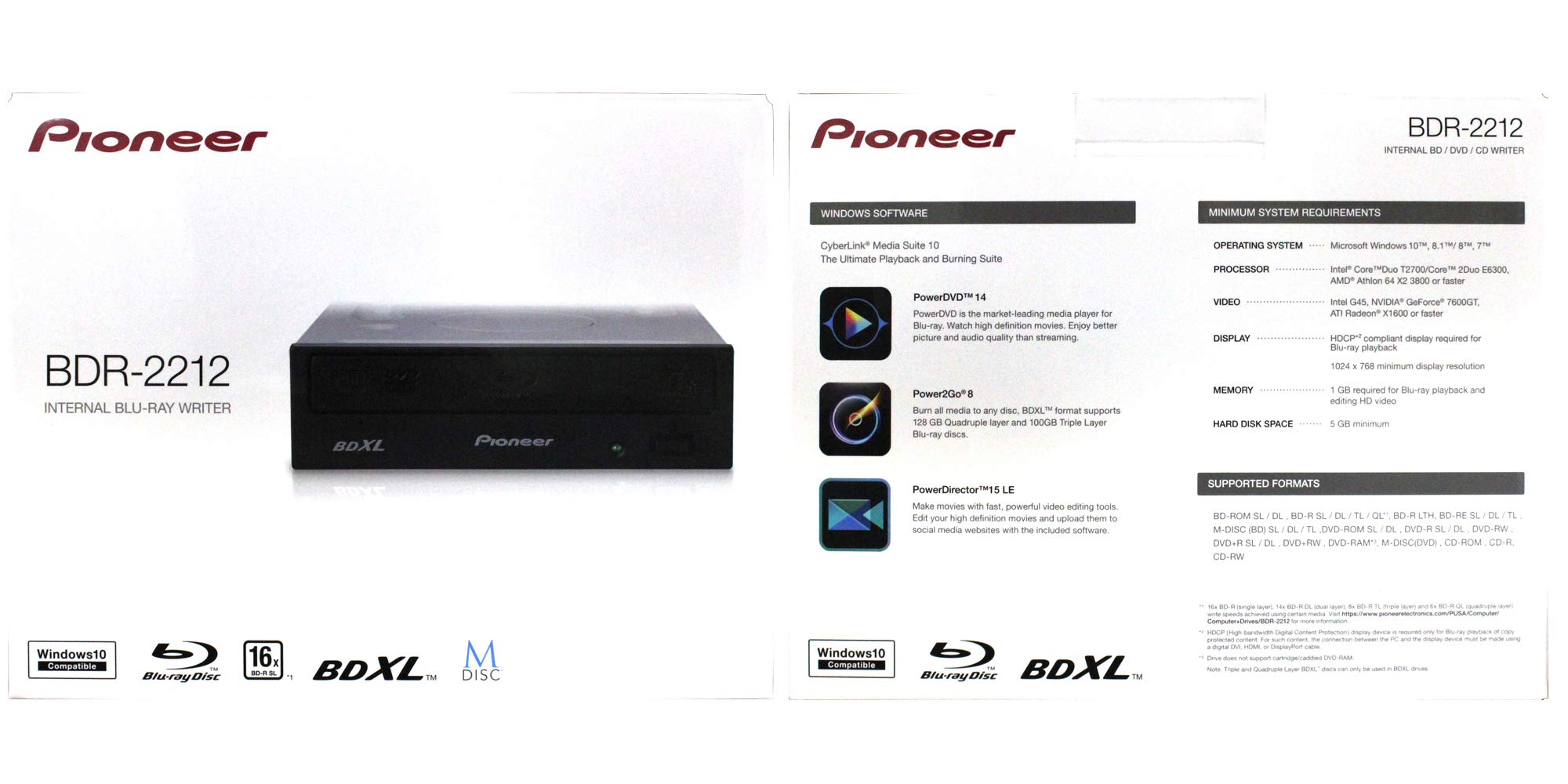 Produplicator Pioneer BDR-2212 Internal 16x Blu-ray Writer Drive Bundle with Cyberlink Burning Software, SATA Cable and Mounting Screws - Burns CD DVD BD DL BDXL Discs