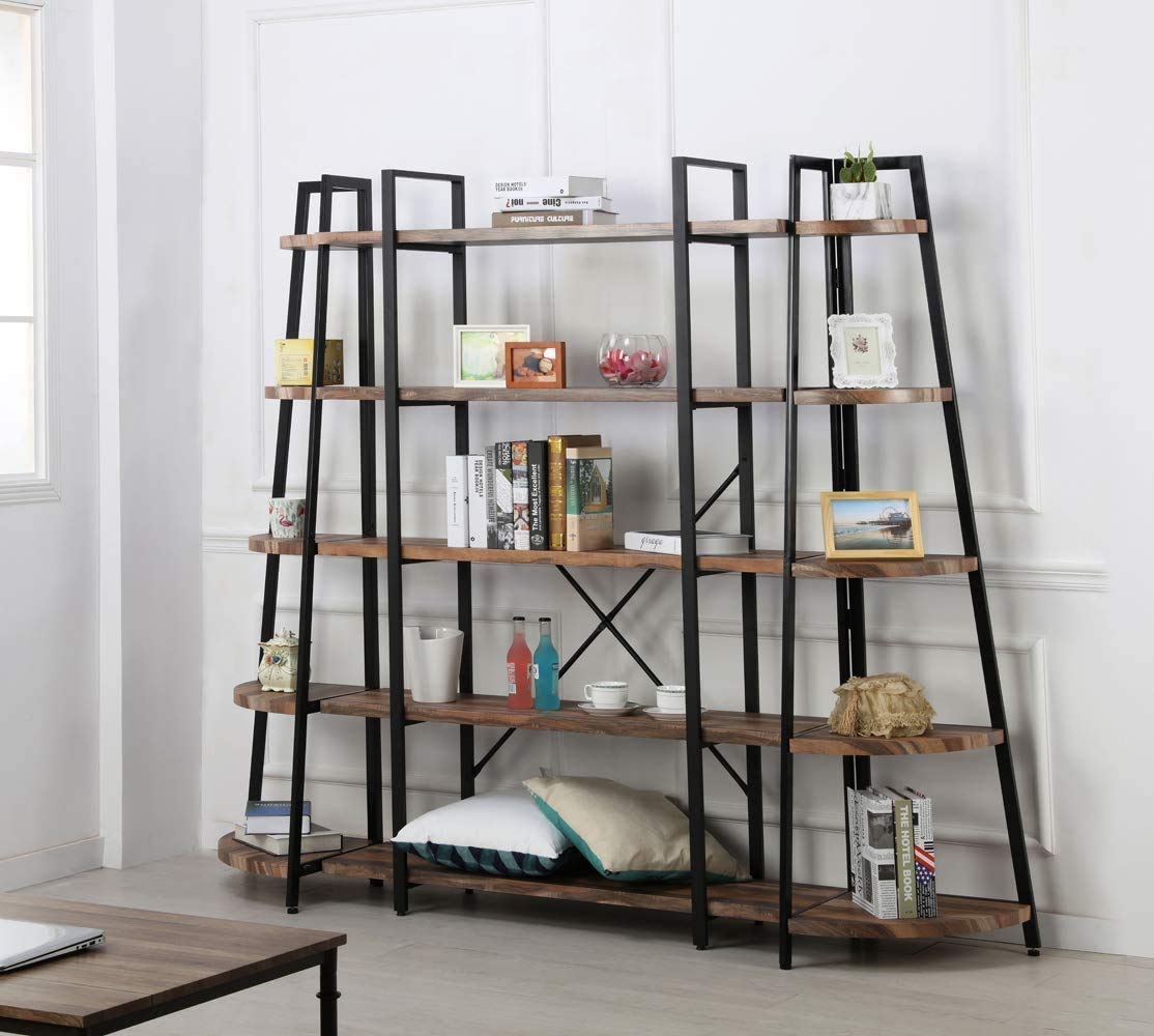O&K FURNITURE 5 Shelf Industrial Corner Bookcase and Shelf, A-Shaped Display Corner Storage Rack Bookshelf-70-Inch, Oak Finish