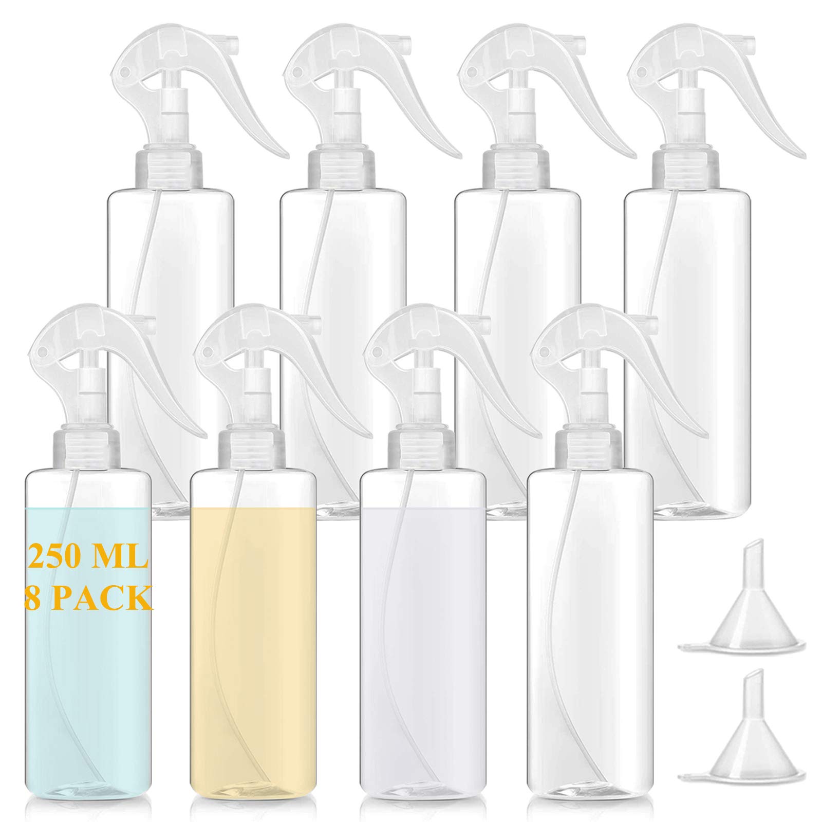 Plastic Empty Spray Bottles 8 oz(8Pack) Clear Hair Mister Spray Bottles Leak Proof Plant Water Spray Bottle Trigger Squirt Bottles for Cleaning Solutions,Essential Oils,Gardening with 2 Funnels