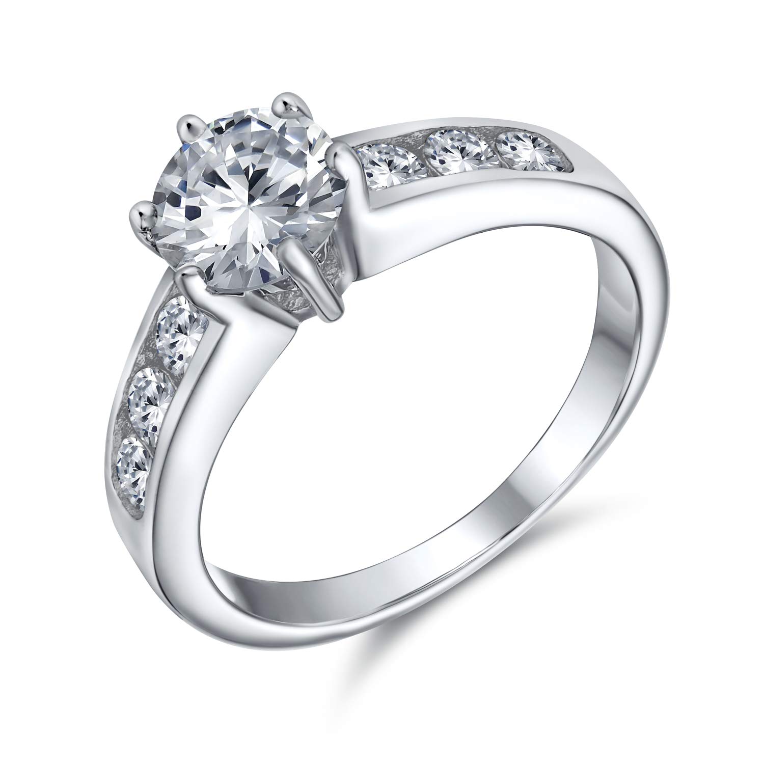 Personalize 2CT AAA CZ Cubic Zirconia 6 Prong Round Brilliant Solitaire Engagement Ring For Women .925 Sterling Silver Channel Set CZ Side Stones Band Custom Engraved