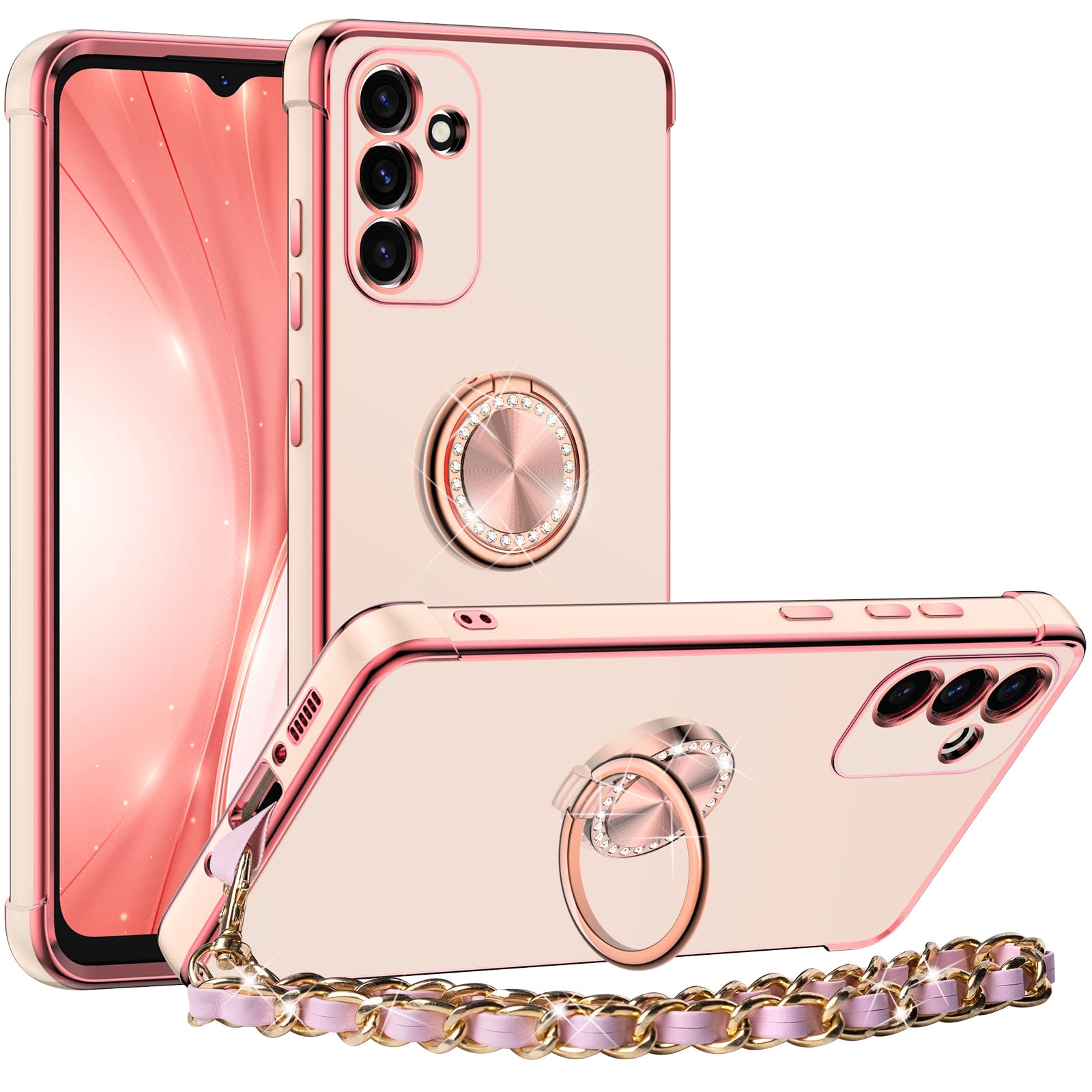 Miss Arts for Samsung Galaxy A14 5G Case, Ring Holder Stand Luxury Bling Electroplated Phone Case with Strap, Cute Soft TPU for Galaxy A14 5G Cover for Women Girls, Pink