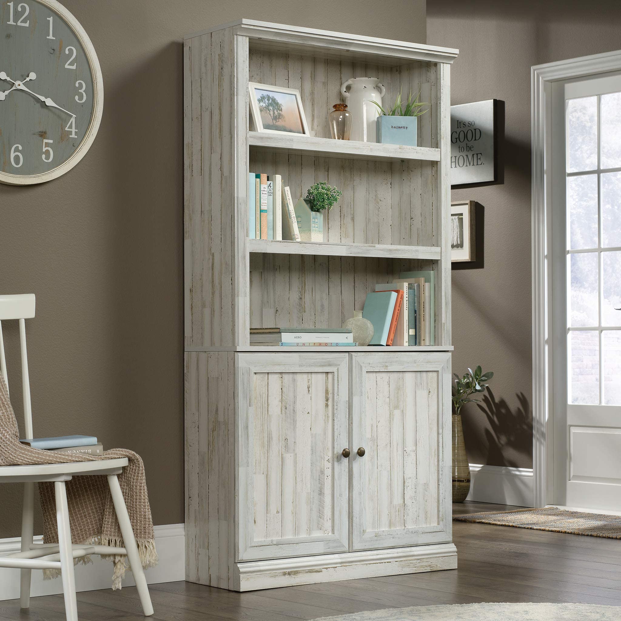 Sauder Miscellaneous Storage Bookcase/ Book Shelf With Doors, White Plank finish