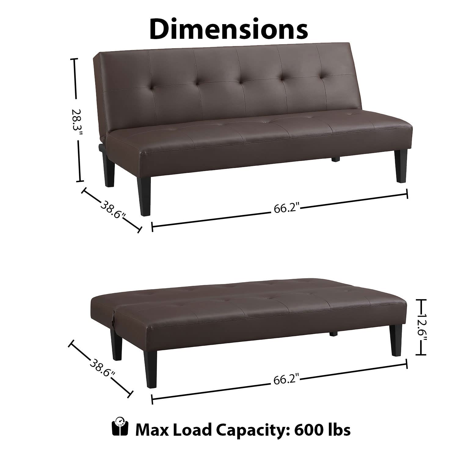 Naomi Home Durable Futon: Perfect for Both Couch Bed and Small Futon Sturdy Build Modern Faux Leather Futon Couch - Low-Maintenance Upholstery - Customizable Positions - Easy Assembly, White