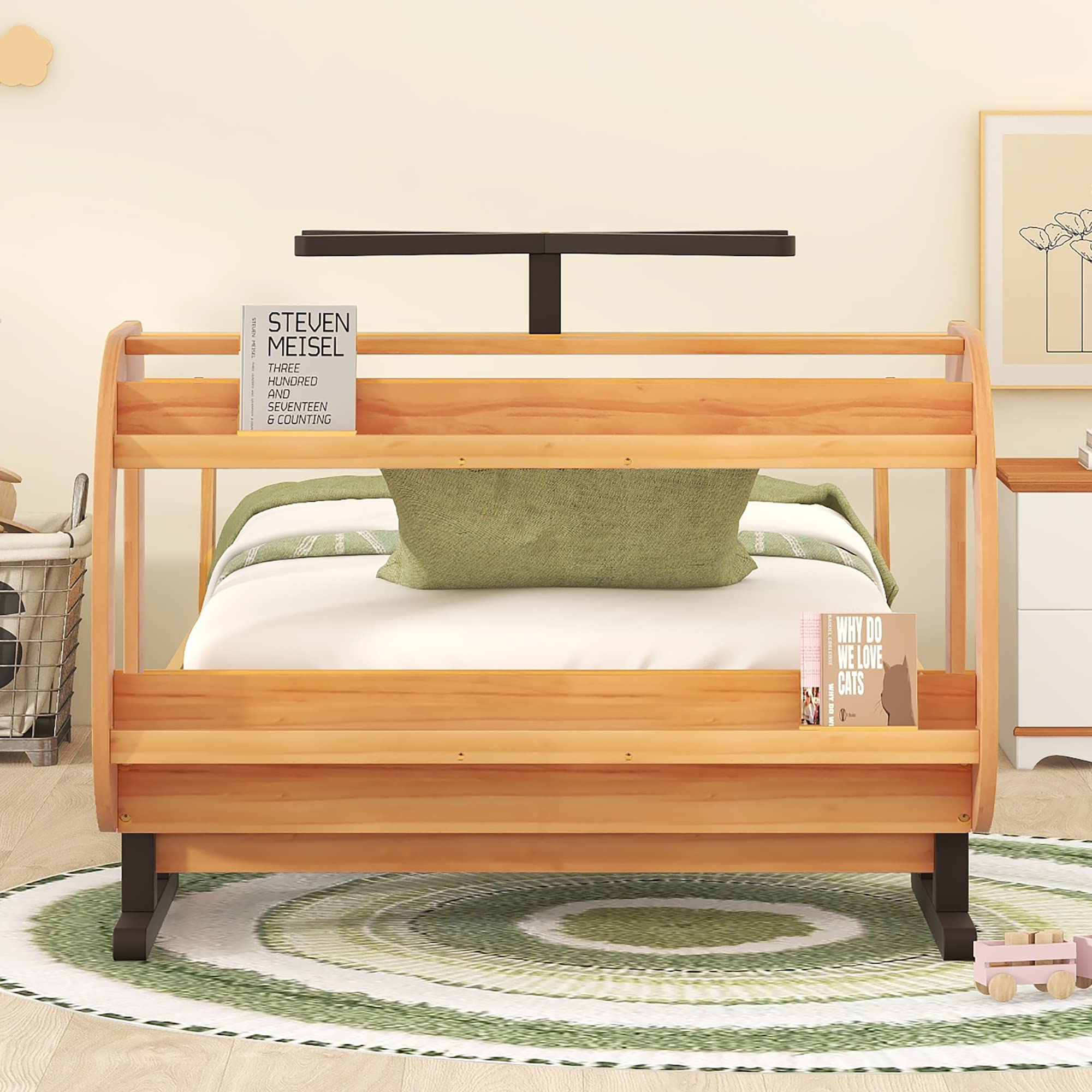 PRNDOLE Plane Shaped Twin Size Platform Bed with Rotatable Propeller and Shelves,Wood Twin Bed Frame,Natural