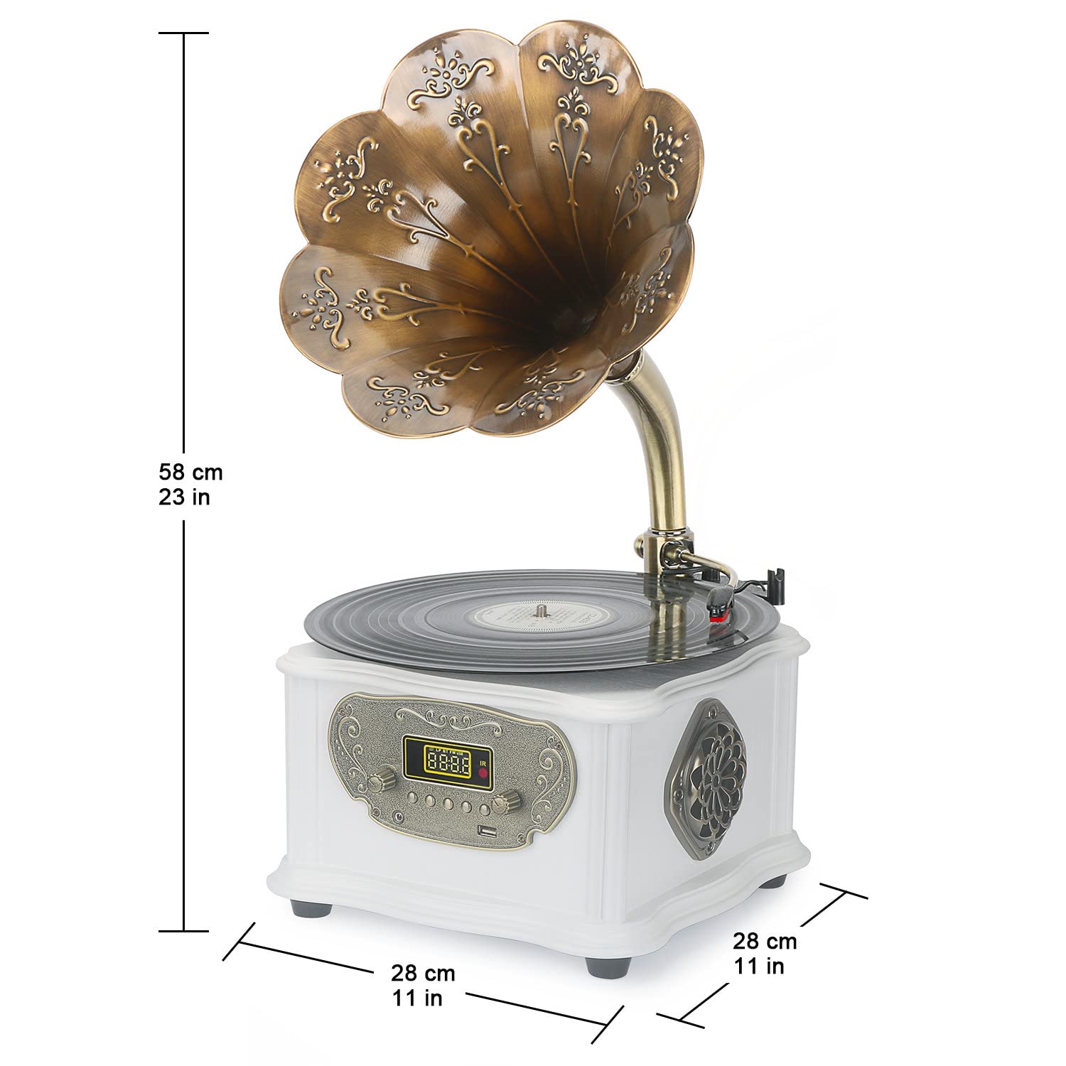 Phonograph Turntable Wireless Speaker, with Aux-in, FM Radio, USB Port for Flash Drive, Wooden Gramophone Vintage Retro Style (Wood)