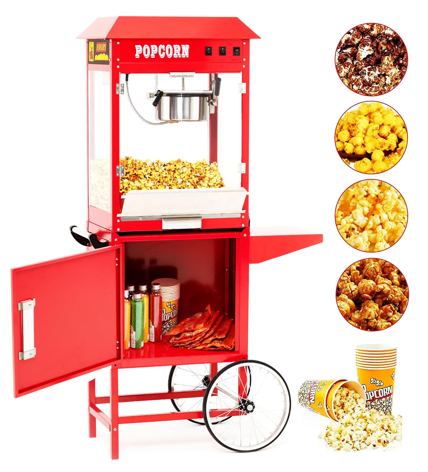 RIEDHOFF Commercial Popcorn Machine with Cart, [ 8 Oz Kettle ] [ 3 Mins ]Professional Popcorn Maker Machine Makes Up to 60 Cups, [With Lockers] [10PCS Popcorn Bucket ] for Home Movie Theater Style