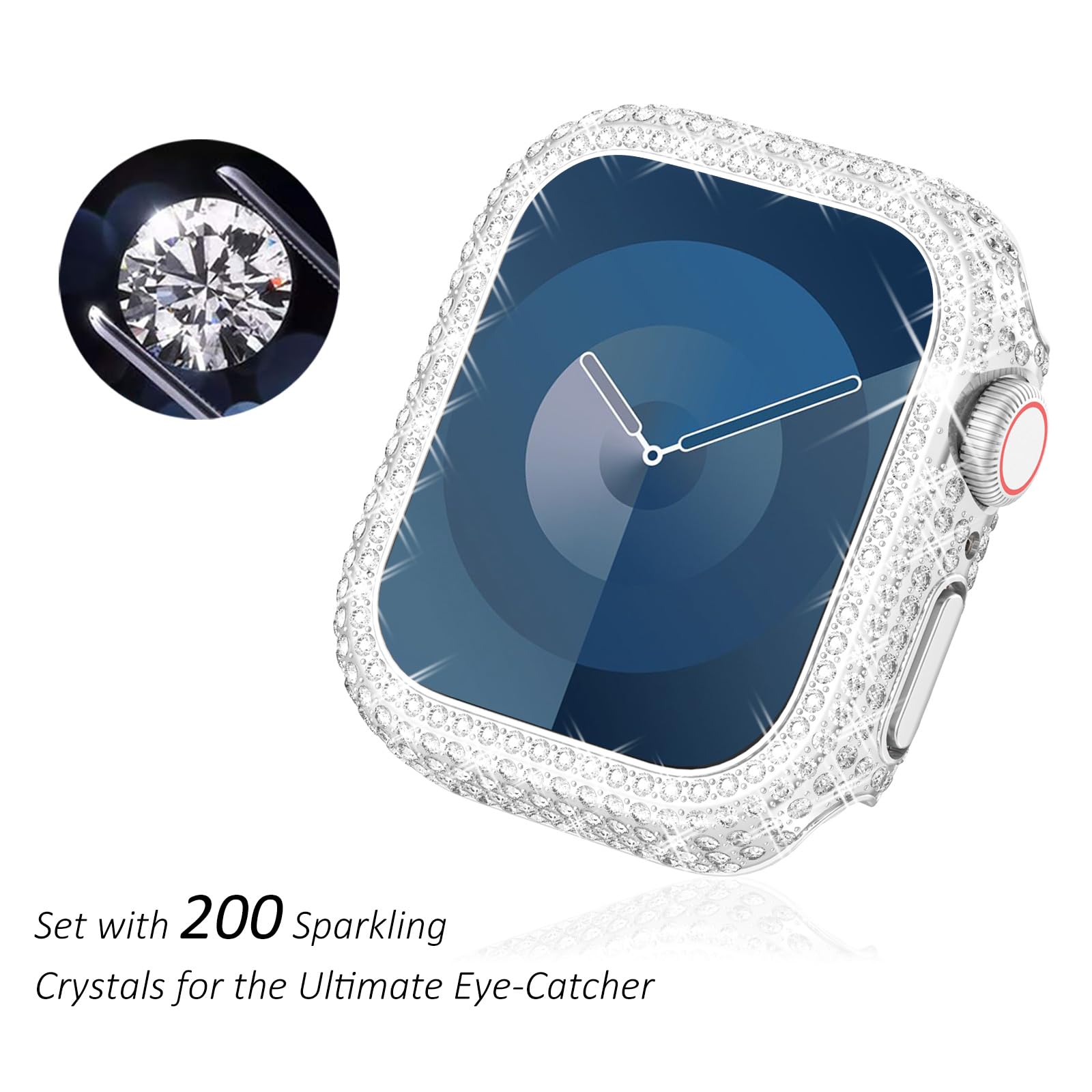Surace 45mm Case Compatible with Apple Watch Series 9 Series 8 Series 7, Bling Case with Over 400 Crystal Diamonds Protective Cover Bumper Compatible for Apple Watch Case Series 9 8 7 (45mm, Silver)