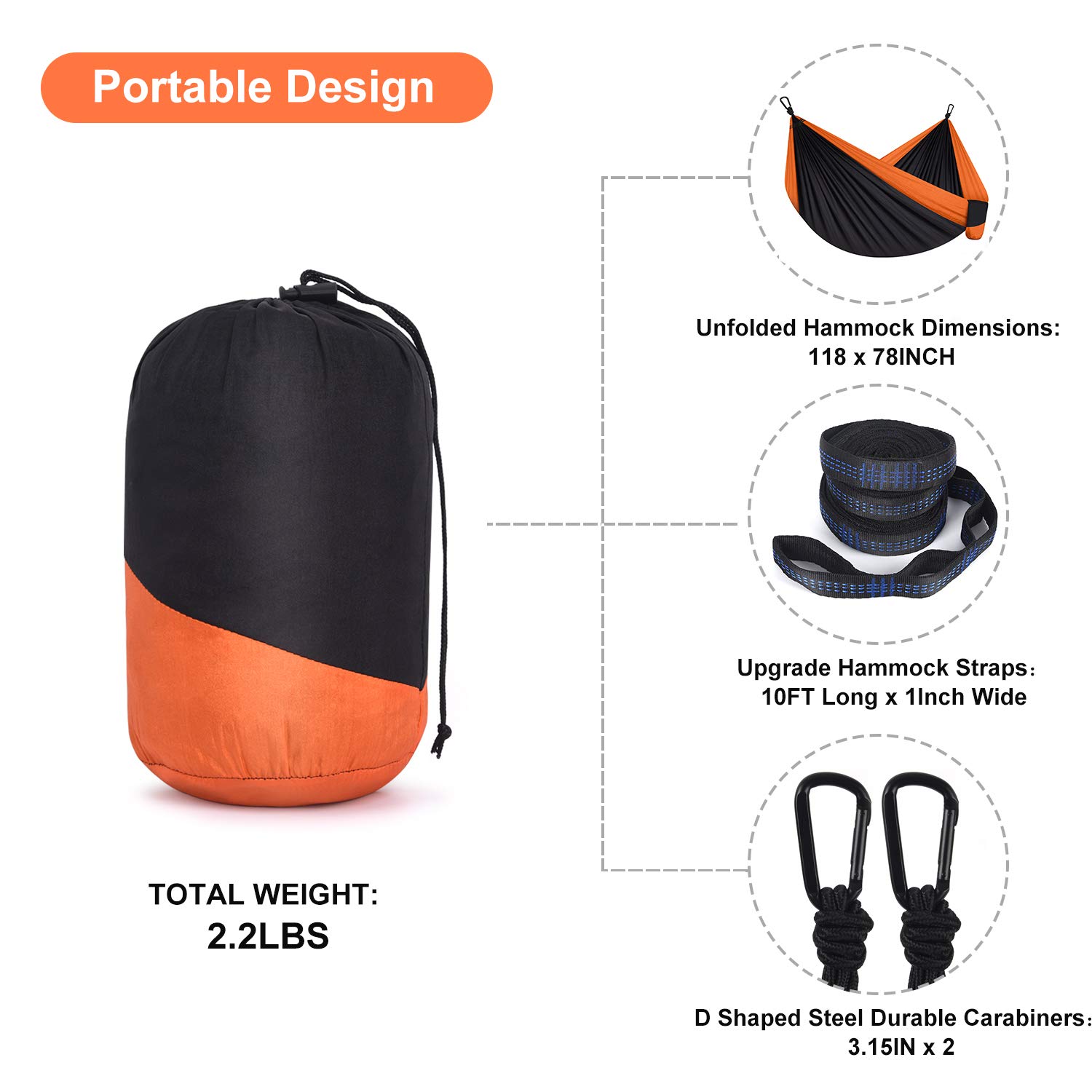 SANSUNTEK Hammock-Camping Hammock for Outdoors Travel Backpacking,Camping Gear-Double Hammock with Tree Straps(18+1 Loops)&Carabiners,Nylon Portable Hammock,2 Person Hammock for Tree & Hiking Gear