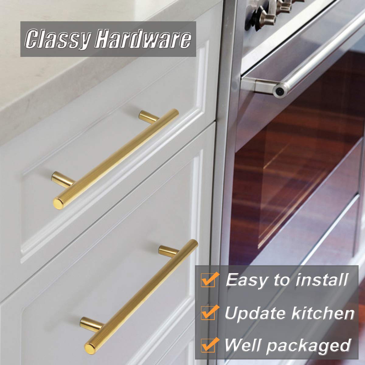 Probrico (10 Pack 6-3/10"(160mm) Hole Centers Cabinet Pulls Gold Dresser Drawer Euro Bar Pulls Golden Kitchen Cabinet Hardware T Bar Knobs Bathroom Handles