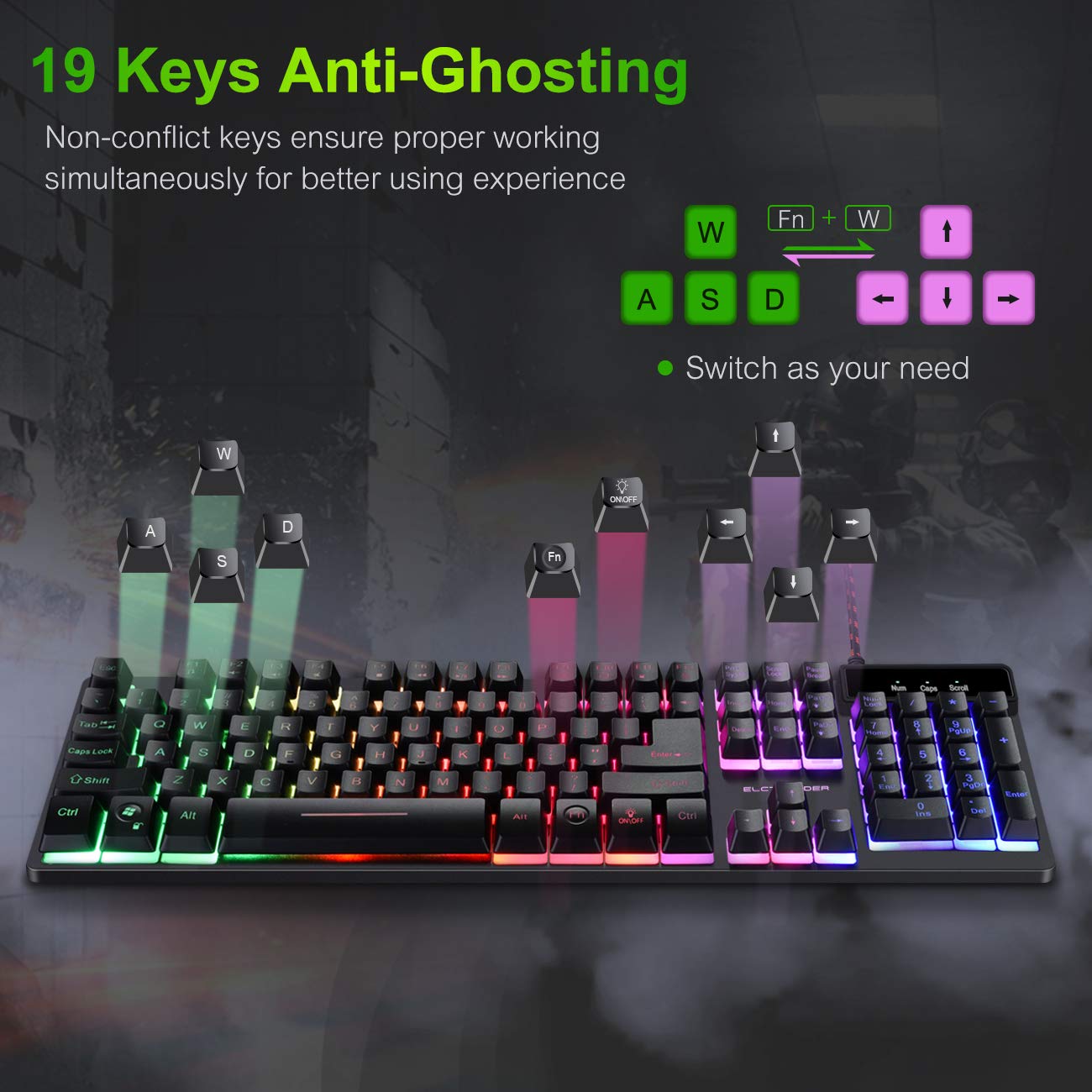 RGB Gaming Keyboard USB Wired Gaming Keyboard with Dedicated Media Controls, Multiple Color Rainbow LED Backlit, Spill-Resistant and Durable Design for Desktop, Laptop