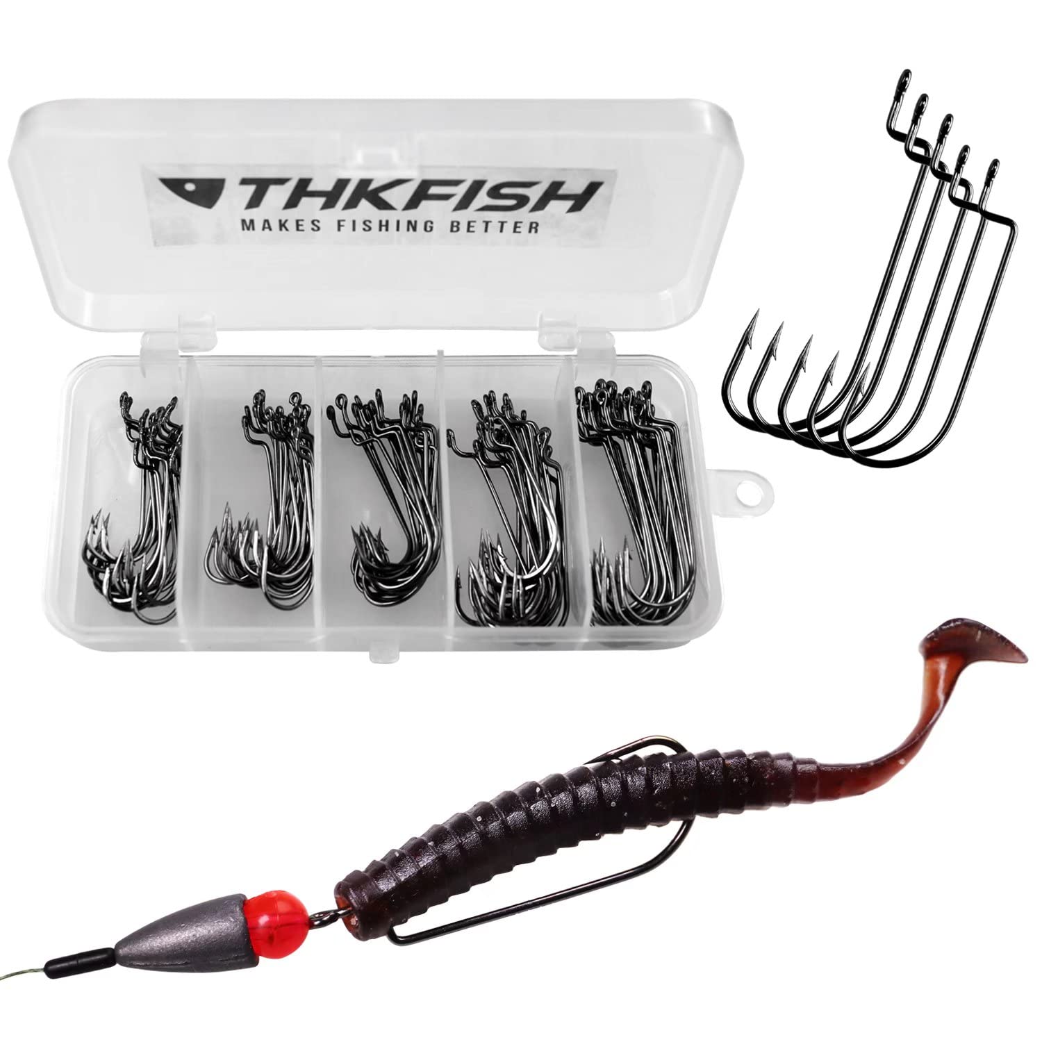 THKFISH 50pcs/Box Fishing Offset Worm Hooks EWG-Offset Fishing Hooks Round Bend Offset Worm Hooks Wide Gap Hooks with Barbed Shank #2#1 1/0 2/0 3/0-Offset Wide Gap Hooks