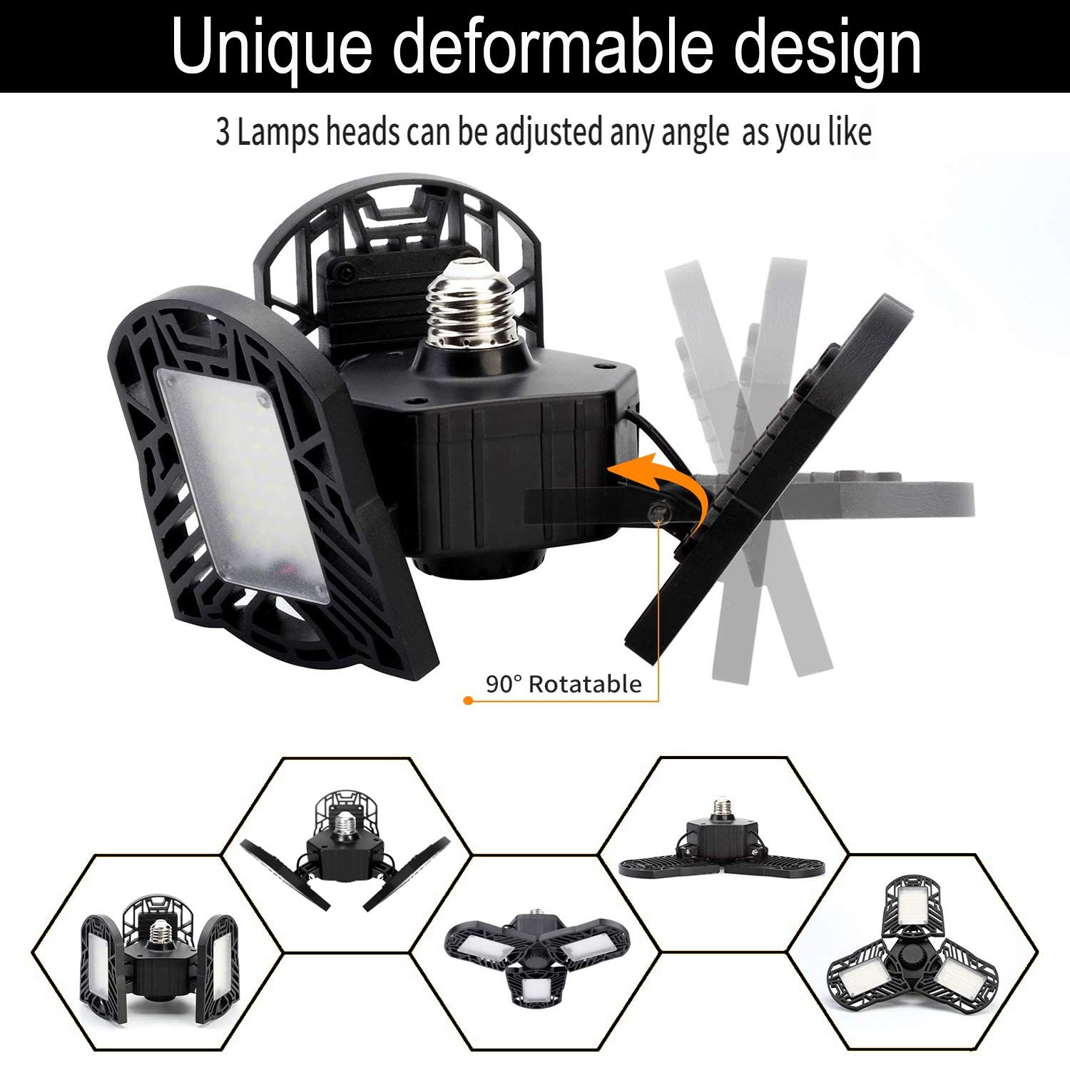 RGZZUP 6 Pack LED Garage Lights 80W,Three Panel Deformable Garage Lighting,8000LM High Bright LED Garage Light 6000K 110V E26/E27 Super Bright Adjustable LED Ceiling Lights for Garages Warehouse