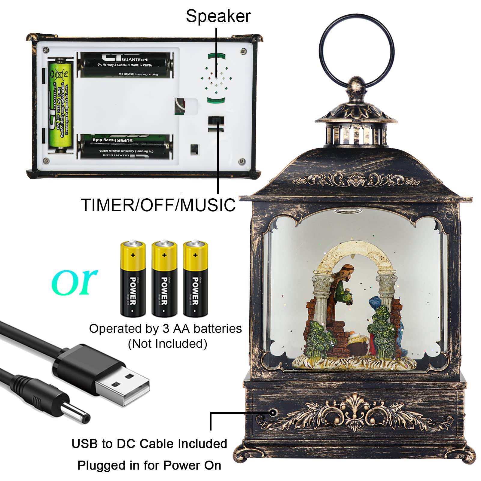 Wondise Christmas Muscal Snow Globe with Timer, USB Plug-in & Battery Operated Spinning Water Glitters Lighted Singing Snow Globe Lantern for Christmas Decorations