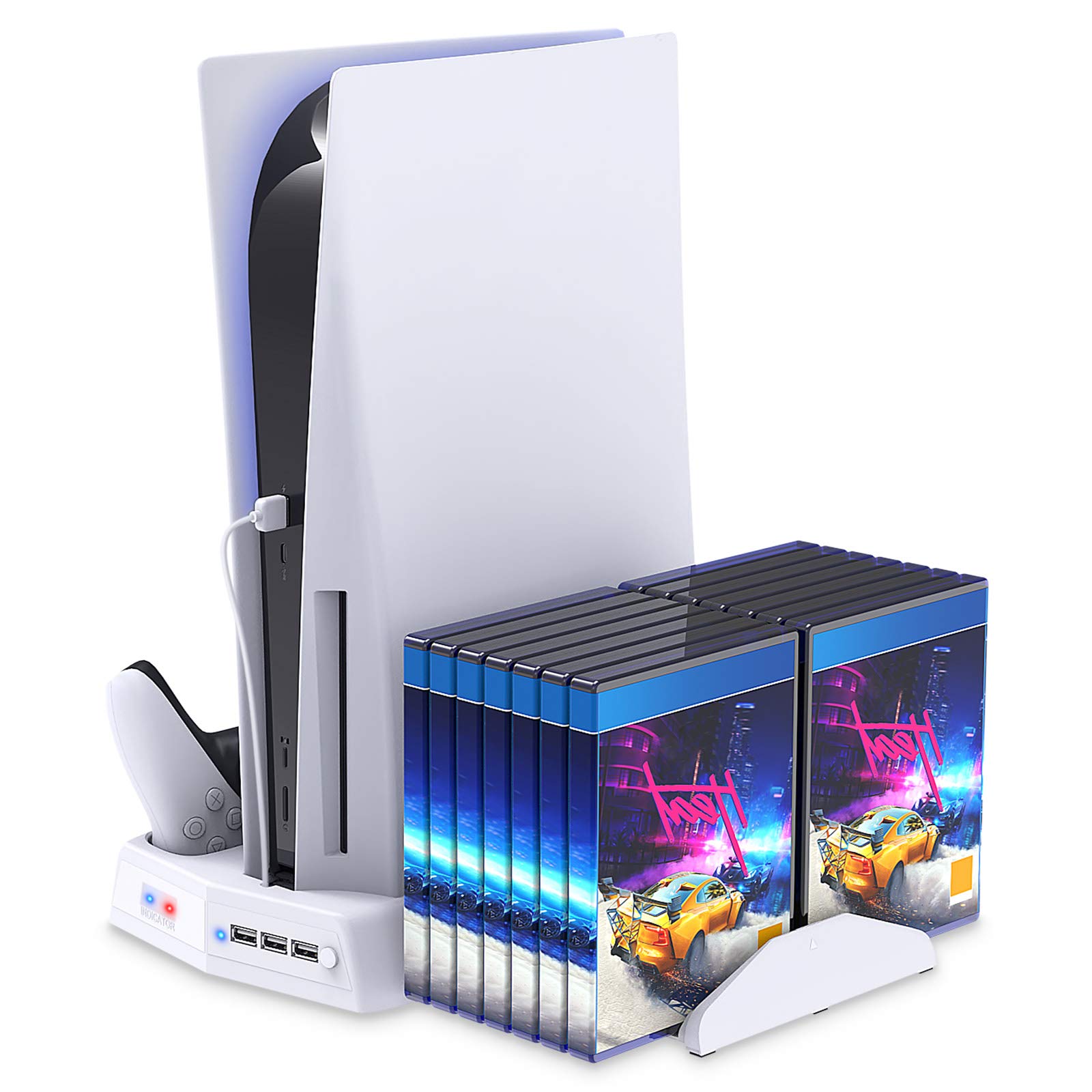 Vertical Stand for PlayStation 5 with Cooling Fan Charging Station for PS5 Digital Edition/Ultra HD Console with Controller Charger Game Rack Storage Organizer USB Ports for PS5 and DualSense-White