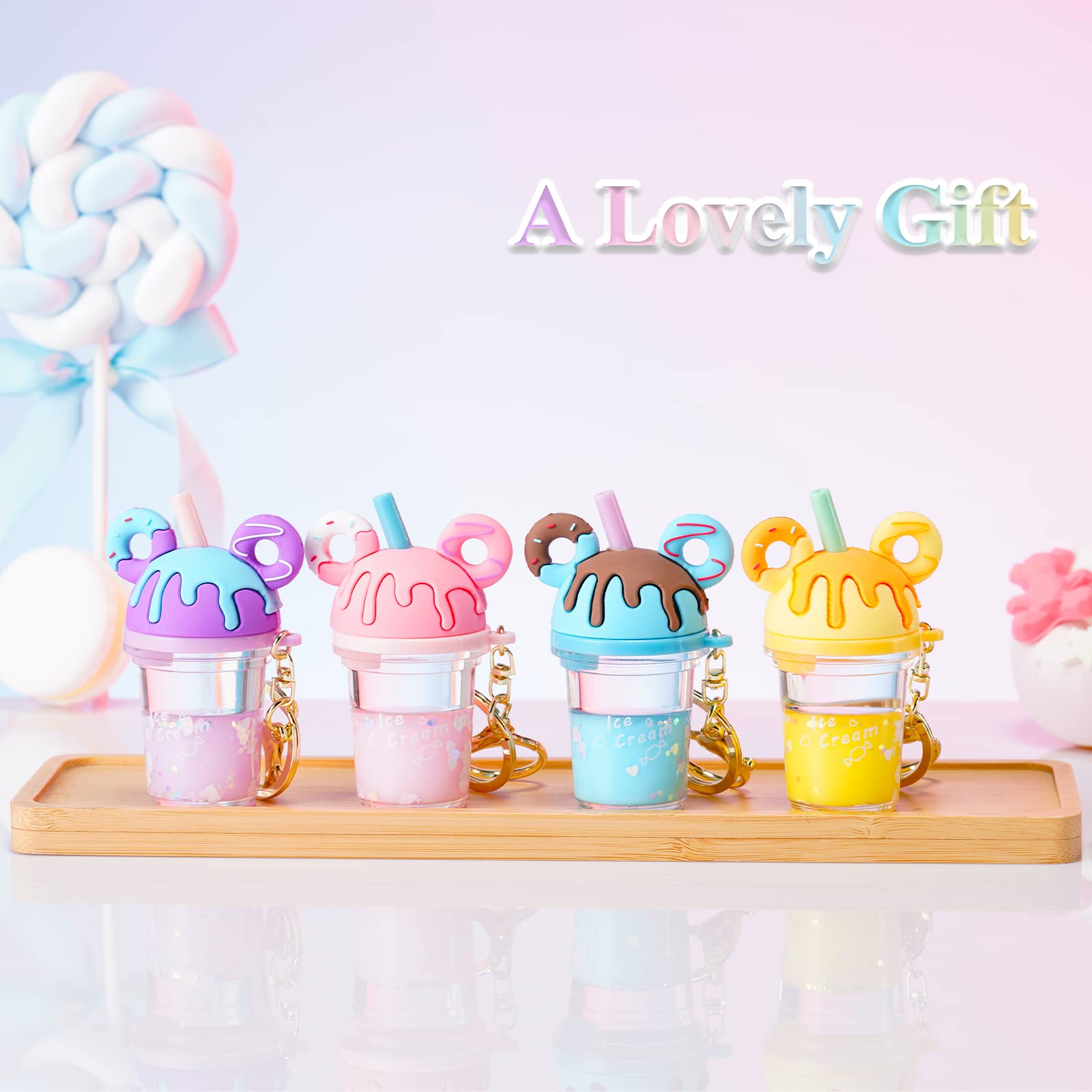YOU WIZV Liquid Keychain, Kawaii Cute Donut Charms for Backpacks, Aesthetic Bubble Tea Boba Water Keychain for Girls, Kids,Women, Daughters, Boys(Pink Keychain)