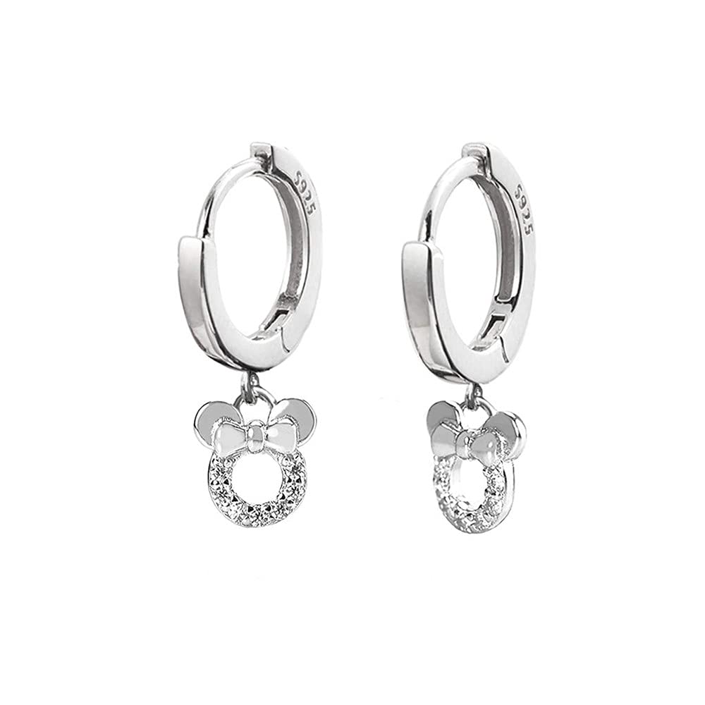 Small Mouse Dangle Hoop Earrings for Women Girls 925 Sterling Silver Cubic Zirconia Charm Animal Mice Huggie Sleeper Hoops Cartilage Hypoallergenic for Sensitive Ear Jewelry (Clear CZ)