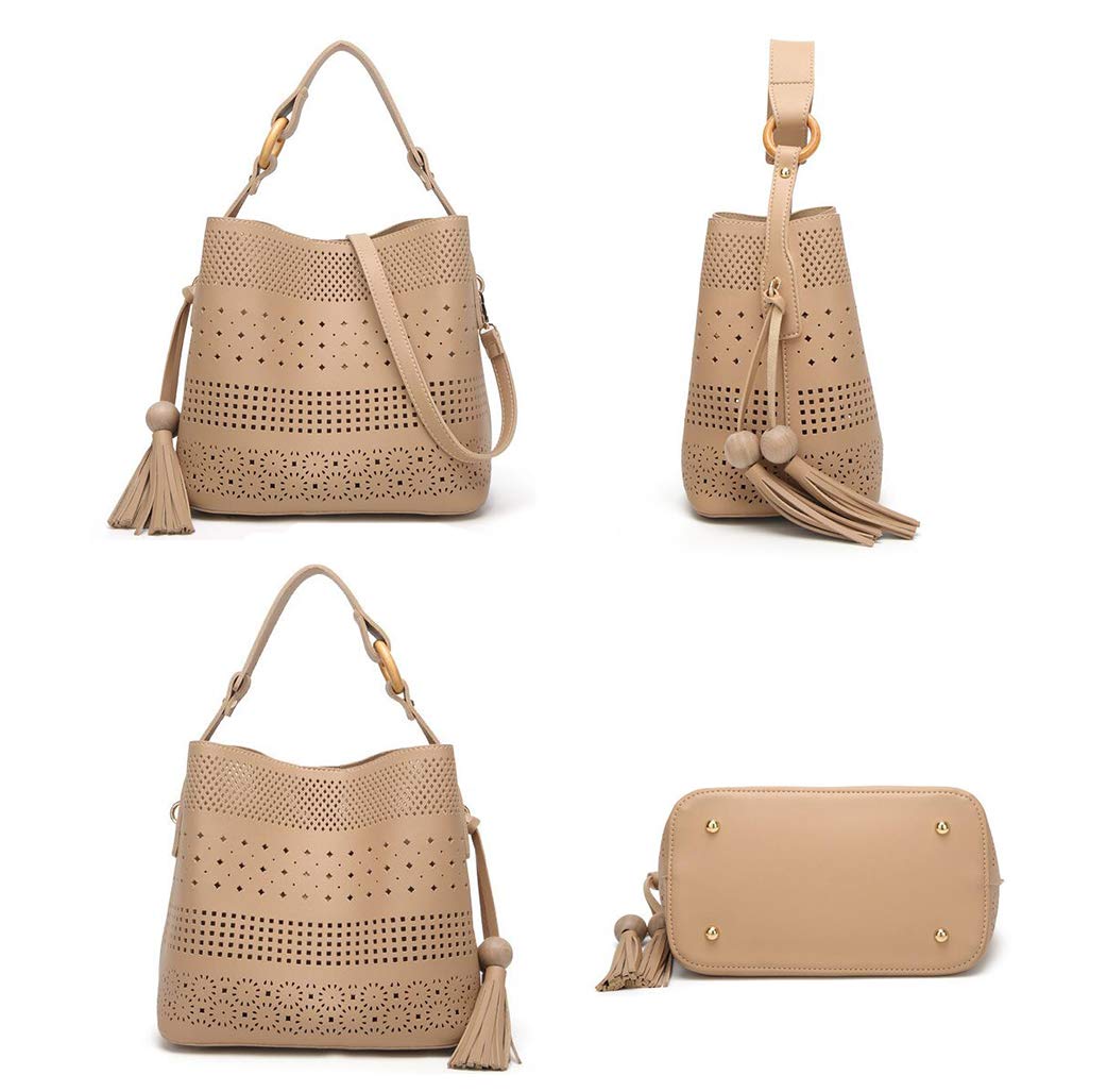 SMALLBLUER Women PU Leather Tassel Cutout Tote Hobo Clutches Shoulder Crossbody Bags Backpack Satchels-Gray
