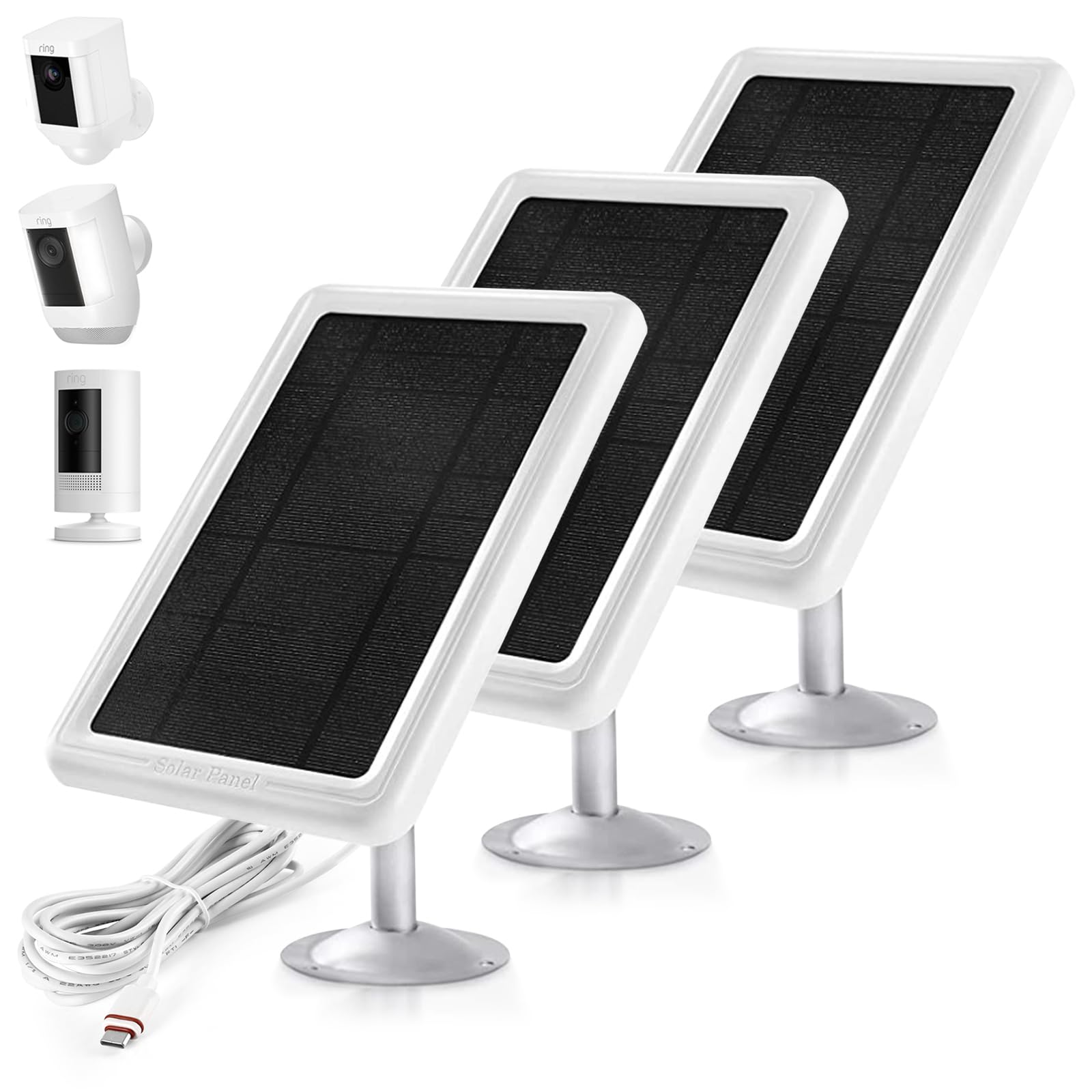 Ring Camera Solar Panel, Solar Battery Charger, Power for Ring Spotlight Camera Battery, Ring Stick Up Cam Battery, Type C and DC Plug Adapter, 5.5V 4.5W Fast Charging 3Pack (White)