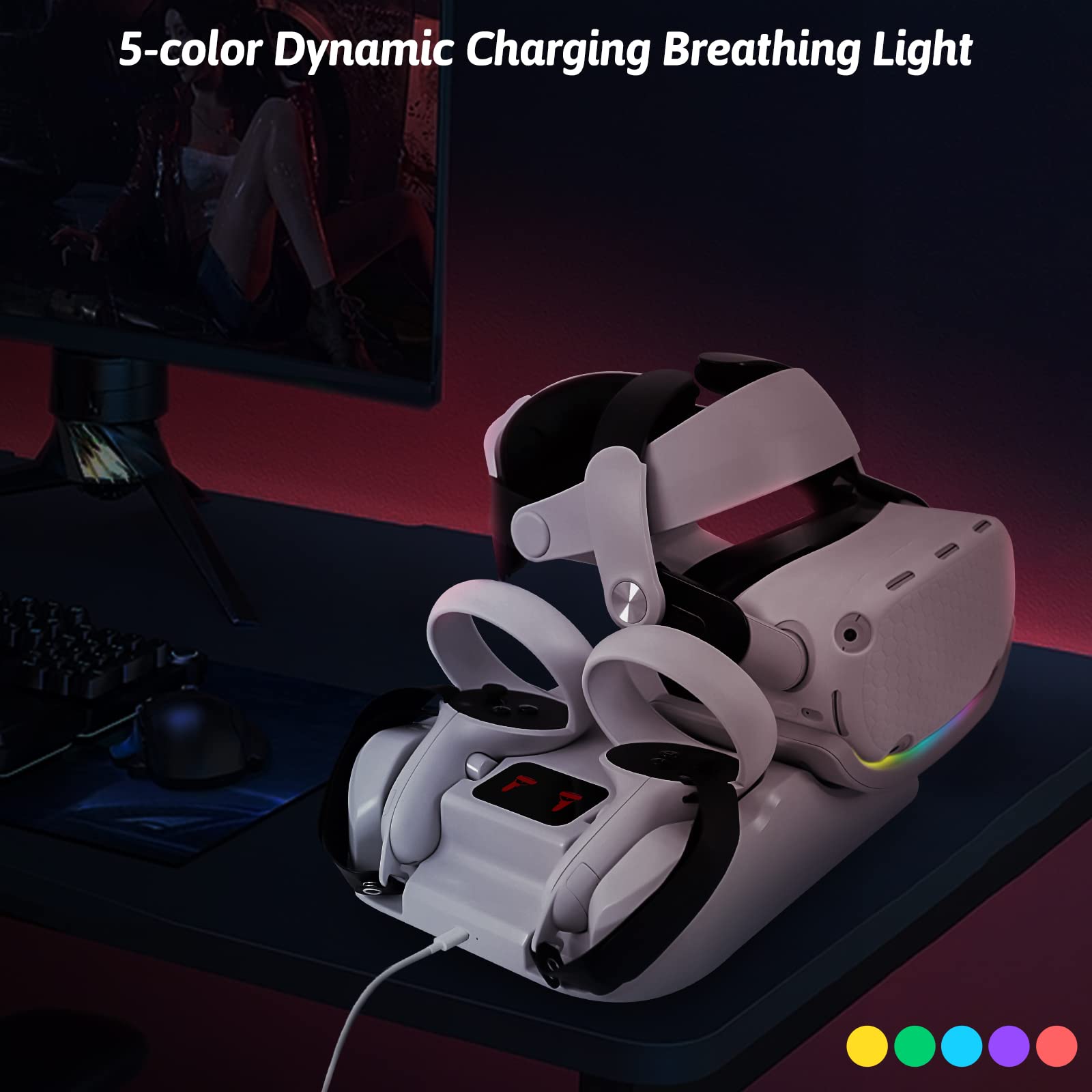 VR Charging Dock for Oculus Quest 2, Magnetic Fast Meta Quest 2 Charger Station Simultaneously for Controllers and Headset Fit Elite Strap,VR Accessories with LED Indicator & 2 Rechargeable Batteries