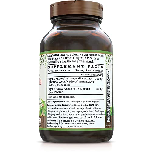 NutriGold Organic Ashwagandha Gold, 500 mg, 90 Plantcaps - Clinically-Proven, Non-GMO, Full-Spectrum Root Standardized Extract Powder Supplement