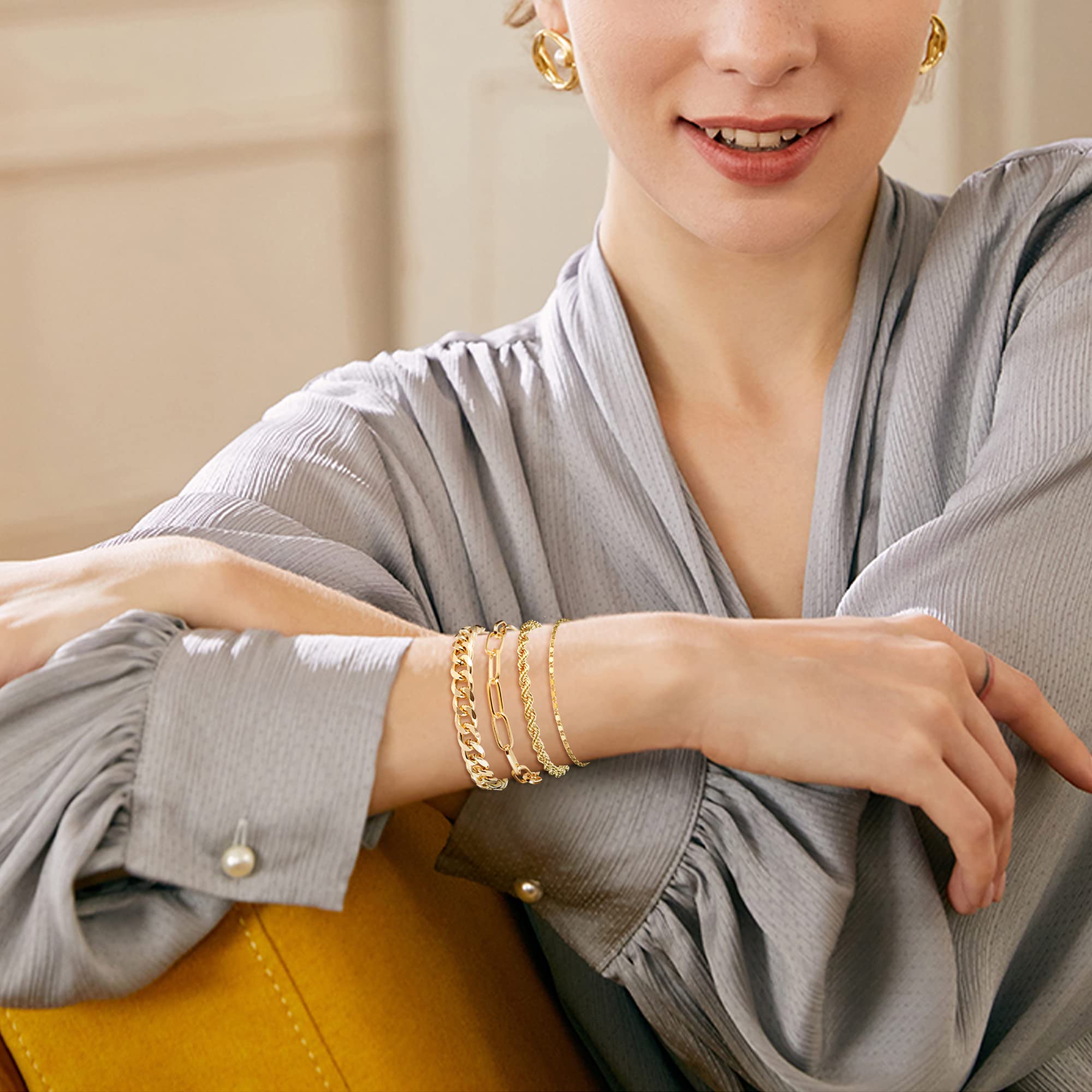 YADOCA 27Pcs Gold Stackable Chain Bracelets Set For Women 14K Gold Plated Boho Dainty Multiple Layered Stackable Open Cuff Wrap Bangle Adjustable Trendy Paperclip Link Italian Cuban Jewelry For Women