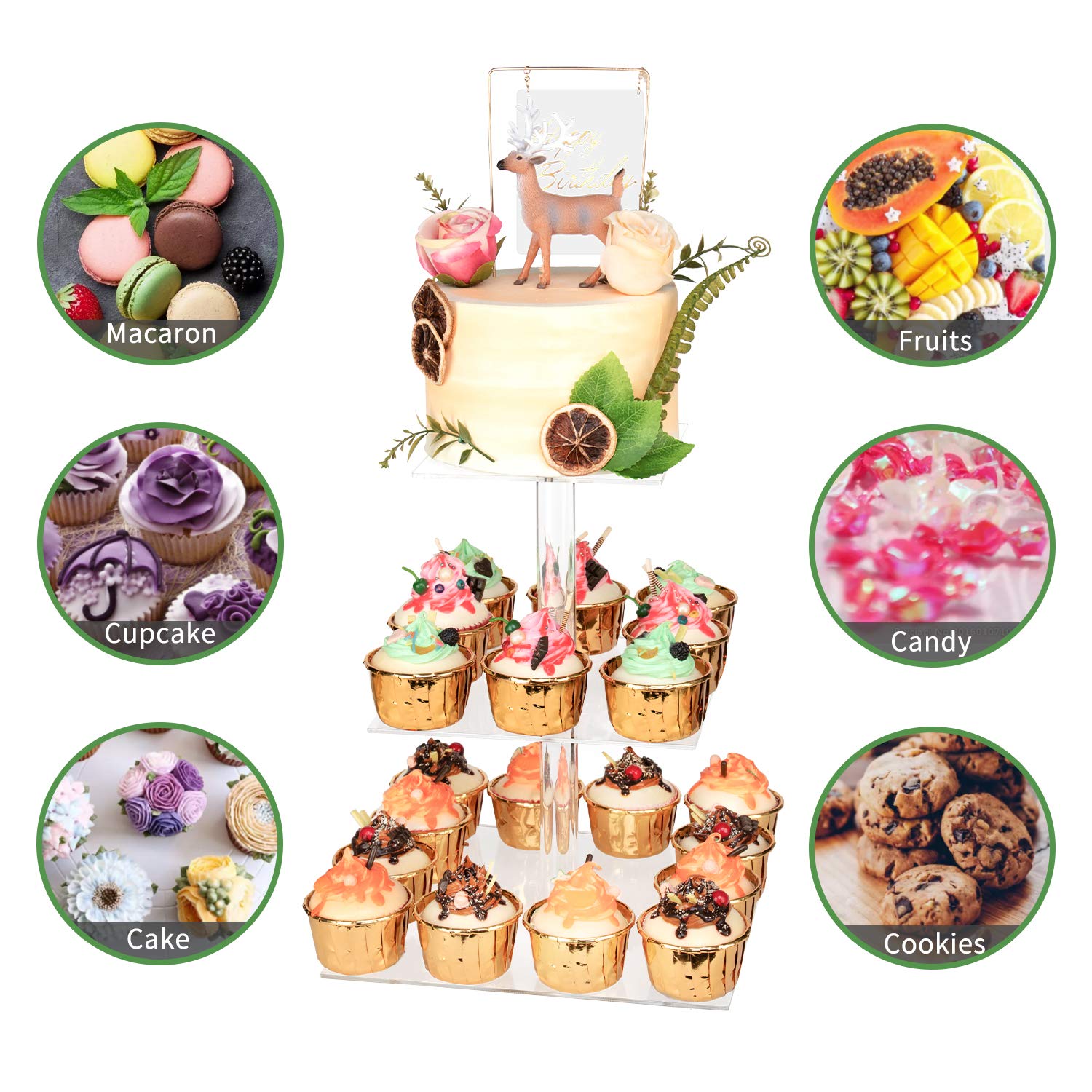 YestBuy 3 Tier Cupcake Stand, Cake Stand, Acrylic Cupcake Tower Stand, Premium Cupcake Holder for 28 Cupcakes, Display for Pastry Wedding Birthday Party (4" Between 2 Layers)