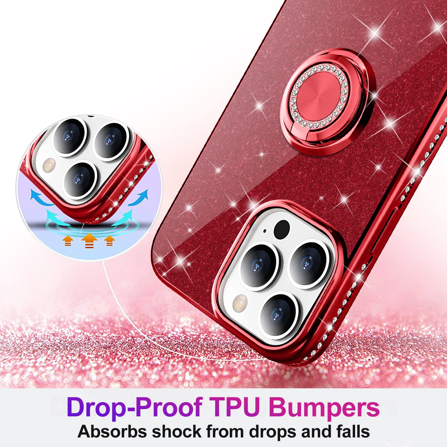 Thomo Compatible with iPhone 12 Pro Max Case,[Bling Kickstand] Cute Glitter Slim Full-Body Protective Bumper Phone Cases for iPhone 12 Pro Max Women Girls-WineRed