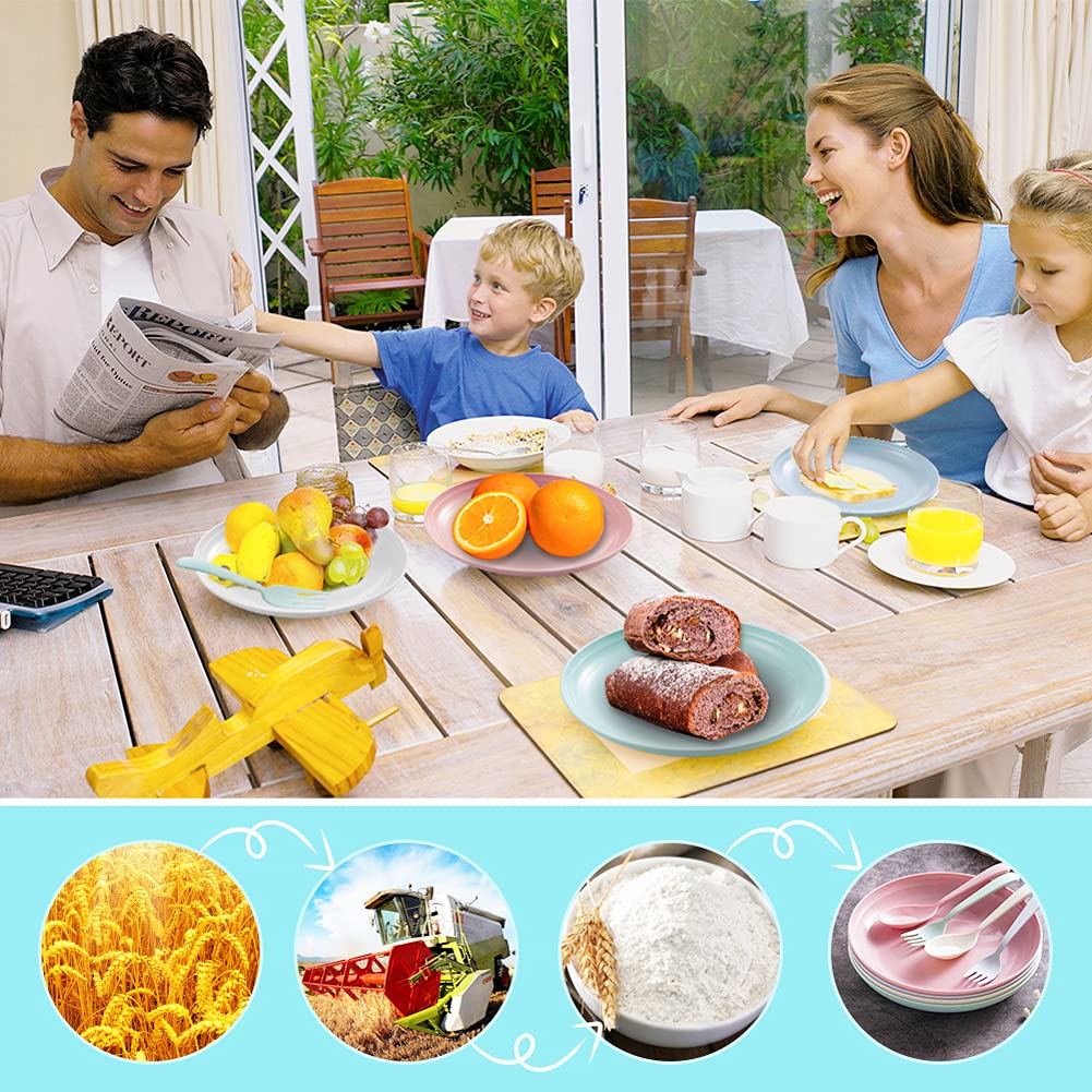 TAO CICADA Wheat Straw Dinner Plates, Pack of 4 Reusable Unbreakable Wheat Straw Dinner Plates、Spoon and Fork, Dishwasher & Microwave Safe, Degradable Eco-Friendly for Children Adult