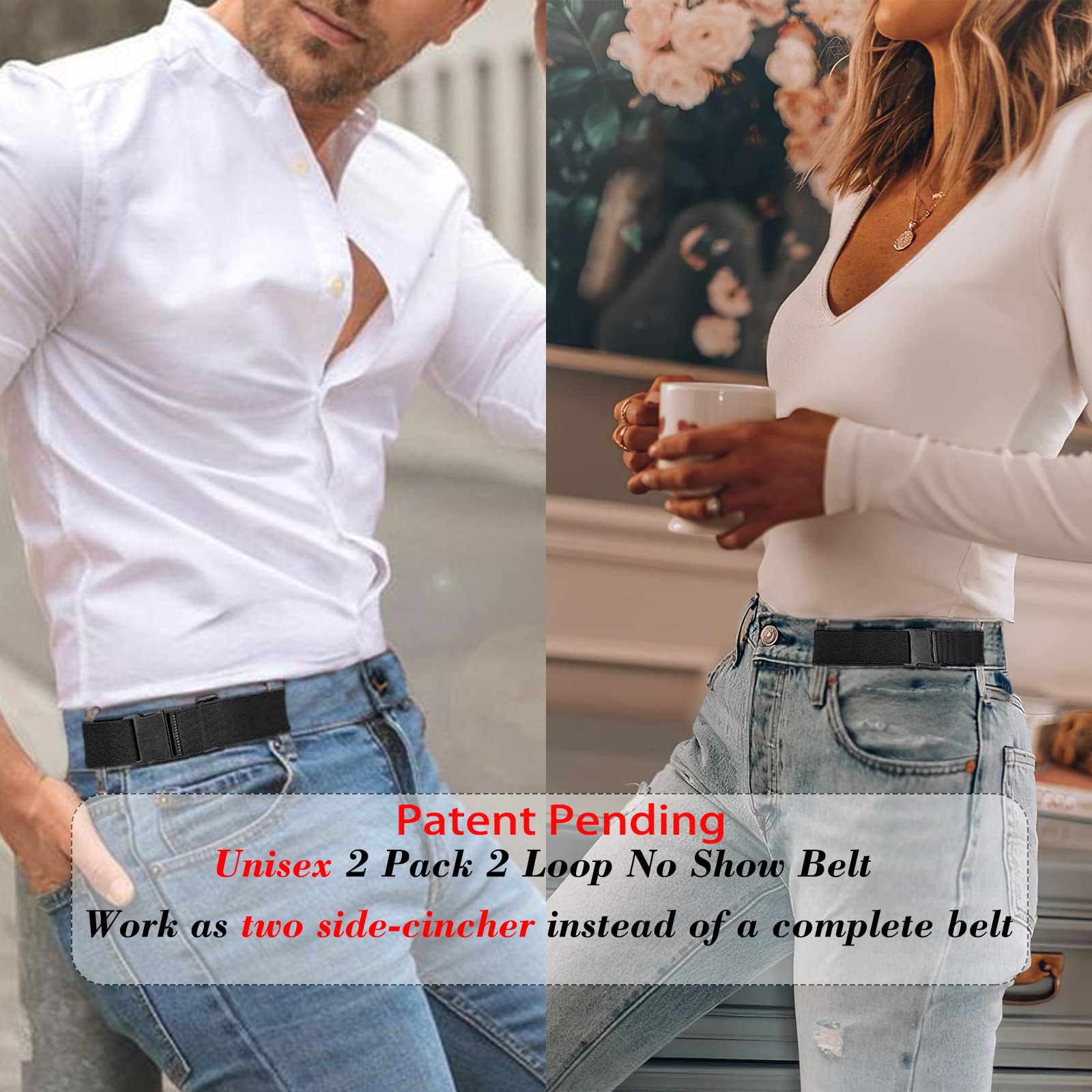 WERFORU 2 Pack Men 2 Loop No Show Elastic Invisible Belt for Women Jeans Pants Unisex Stretch Belt with Metal Free Flat Buckle,Fits 1.5 Inch Belt Loops, Black+Black,Fits 2 loop distance 3"-6"