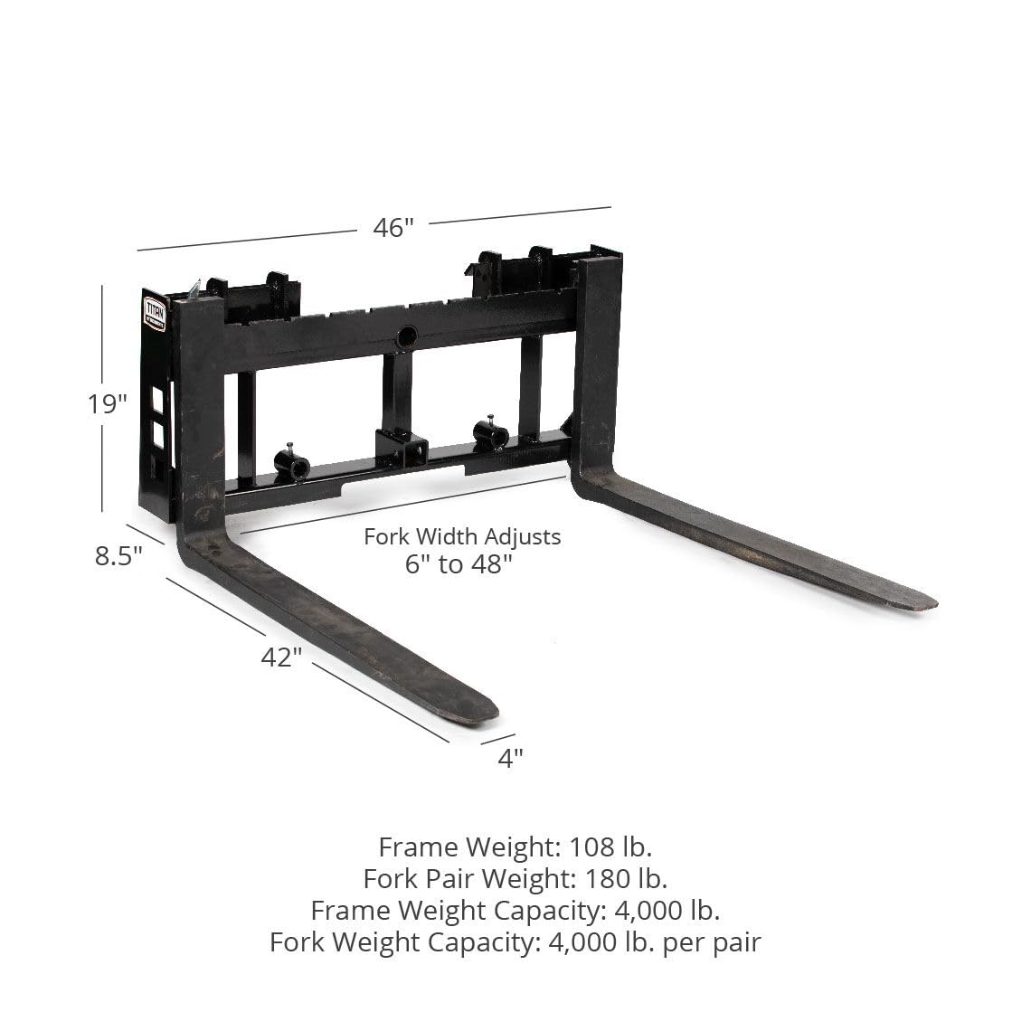 Titan Attachments Skid Steer Pallet Fork Frame Attachment, 42" Fork Blades, Rate 4,000 LB, Quick Tach Tractor, Receiver Hitch
